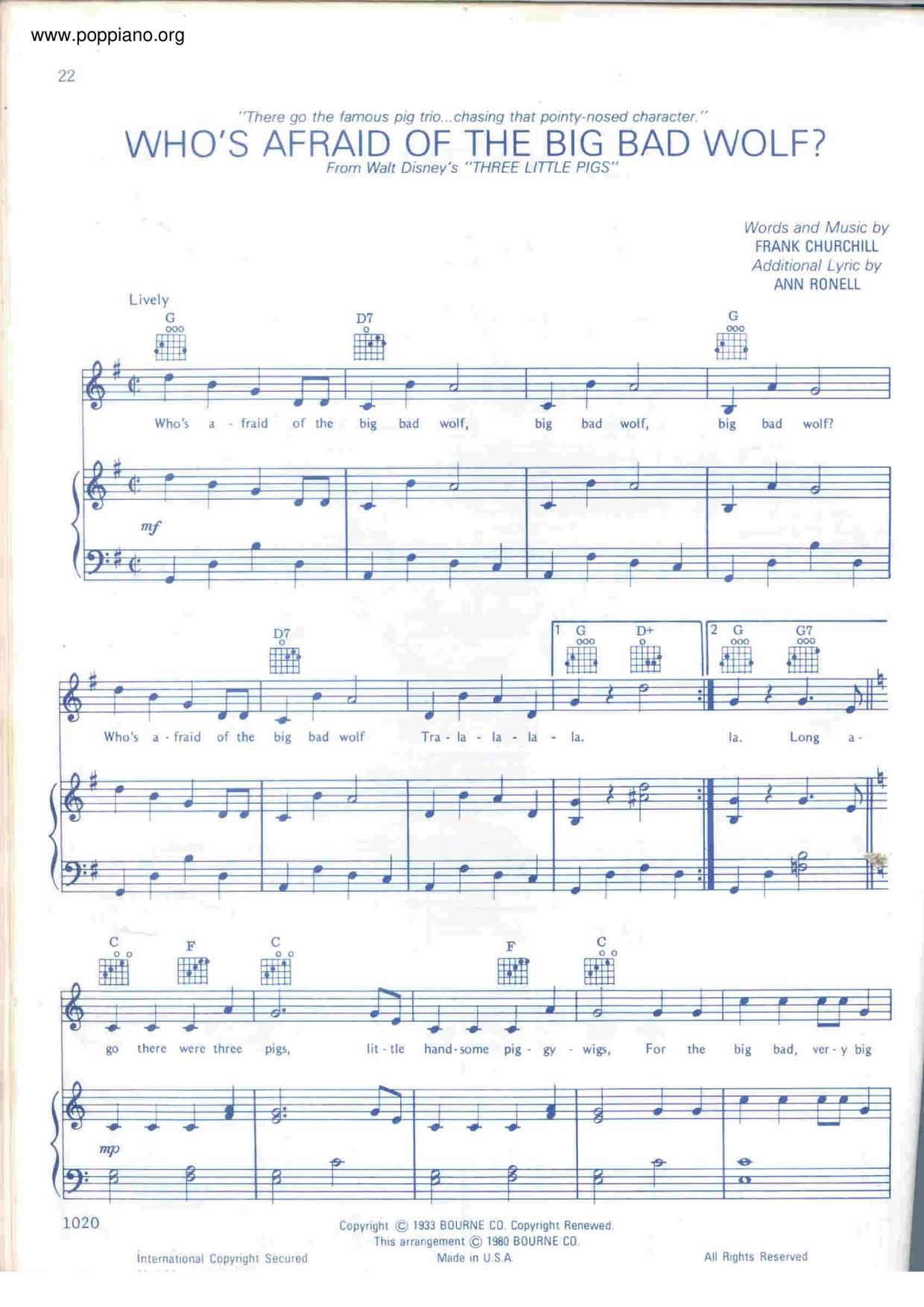 Kid songs-Who Is Afraid Of The Big Bad Wolf Sheet Music pdf, (童謡 ...