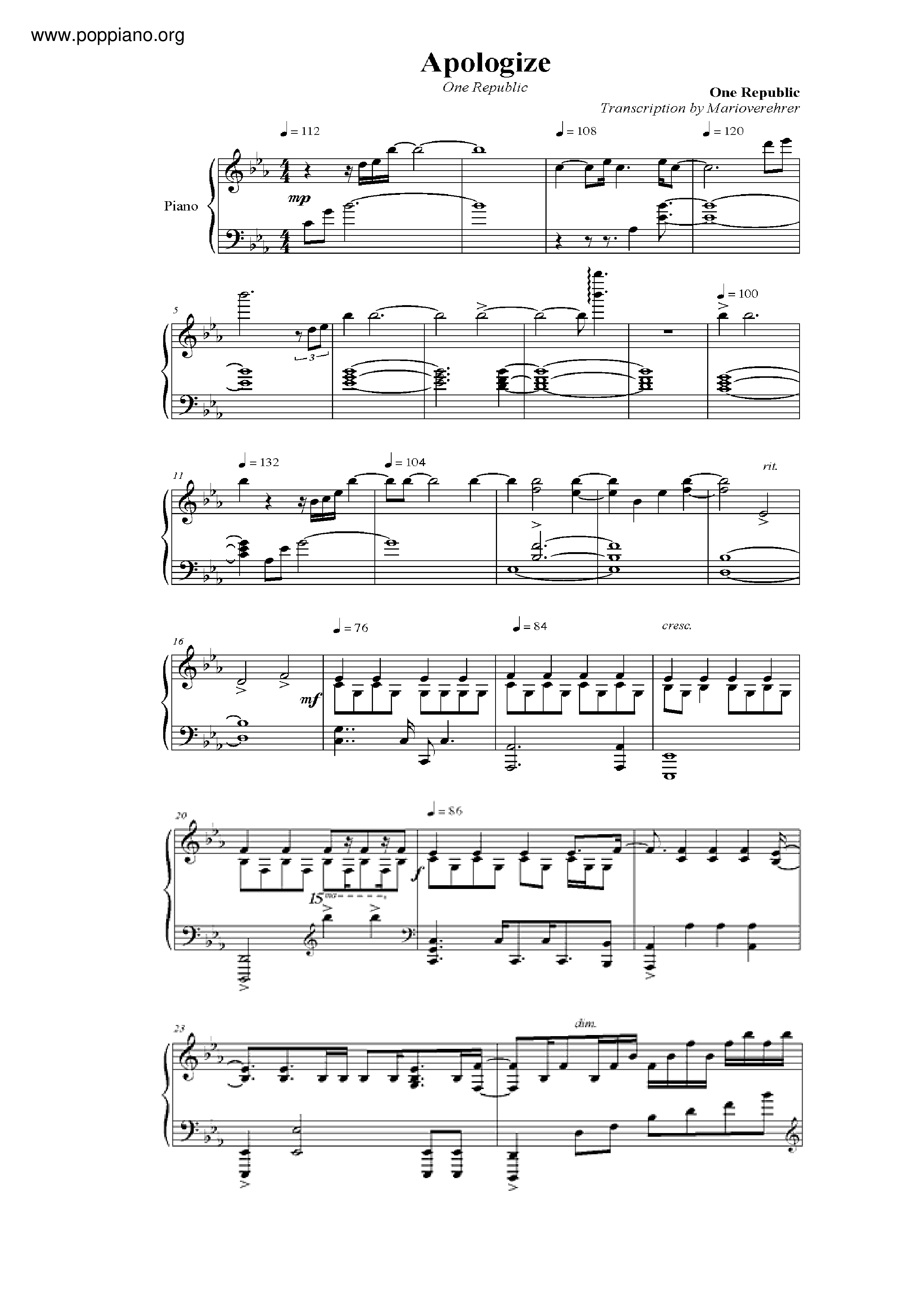OneRepublic-Apologize Sheet Music pdf, - Free Score Download ★