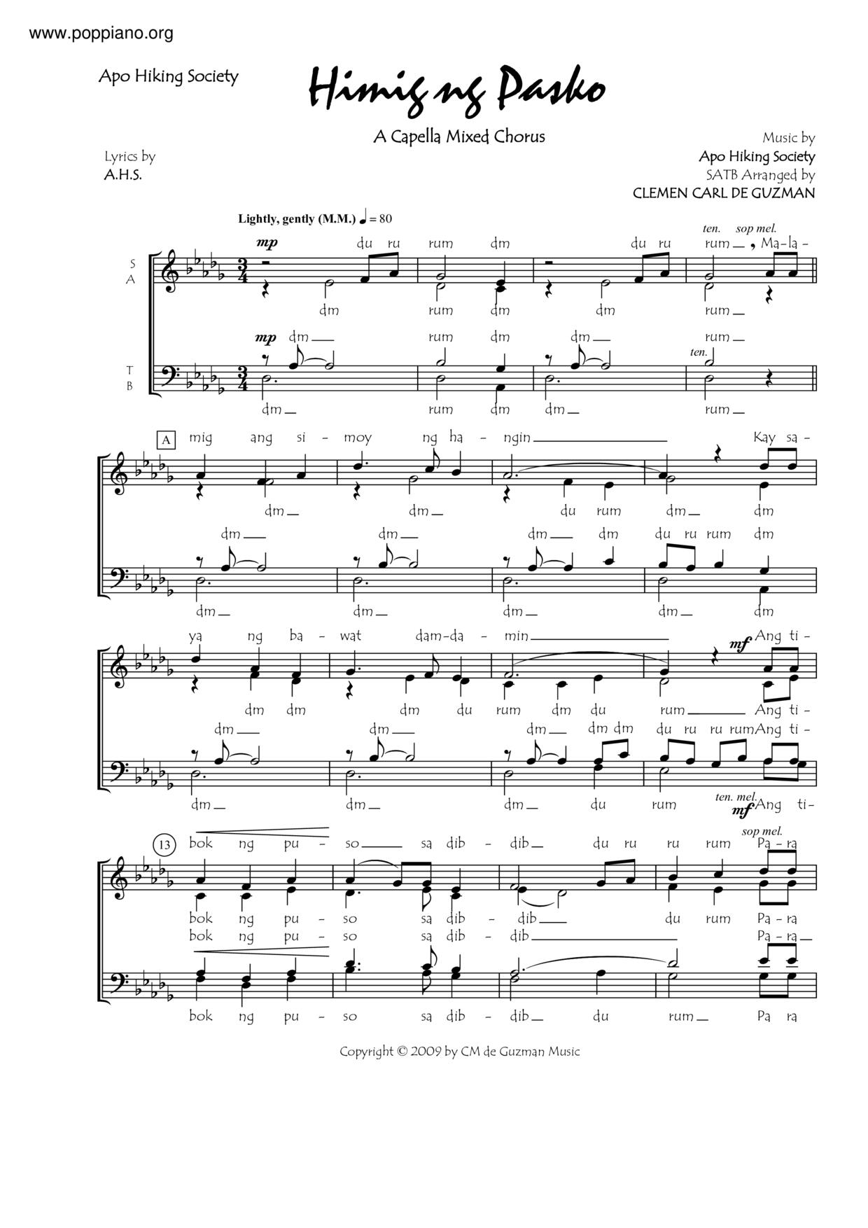 Apo Hiking Society-Himig Ng Pasko Sheet Music pdf, - Free Score Download ★
