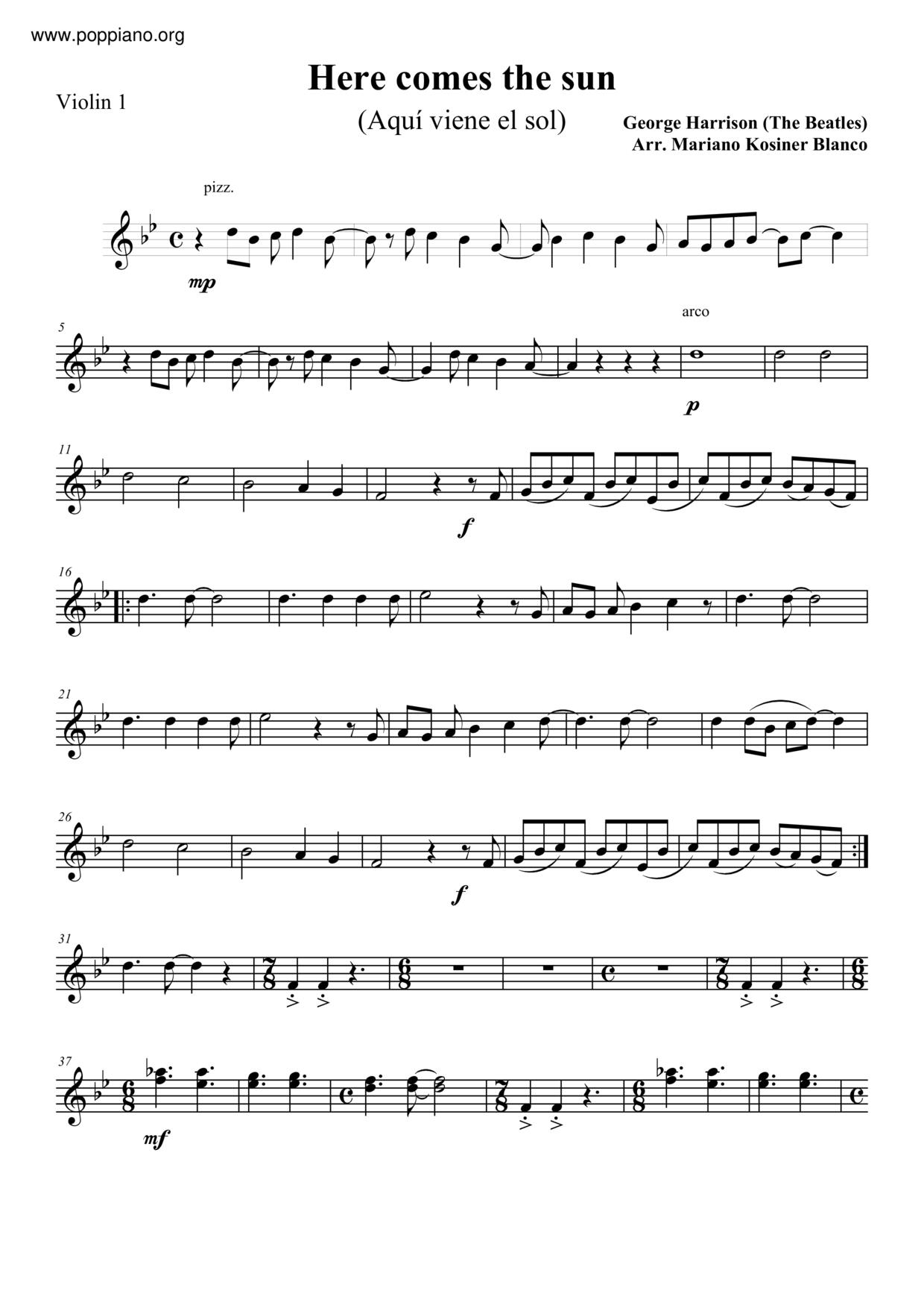 The Beatles-Here Comes The Sun Violin Score pdf, - Free Score Download ★