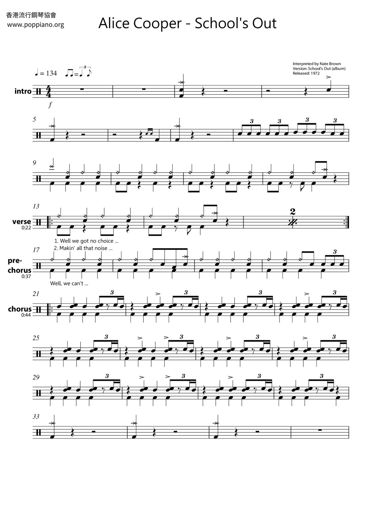 Alice Cooper-School's Out Drum Tab pdf, - Free Score Download ★