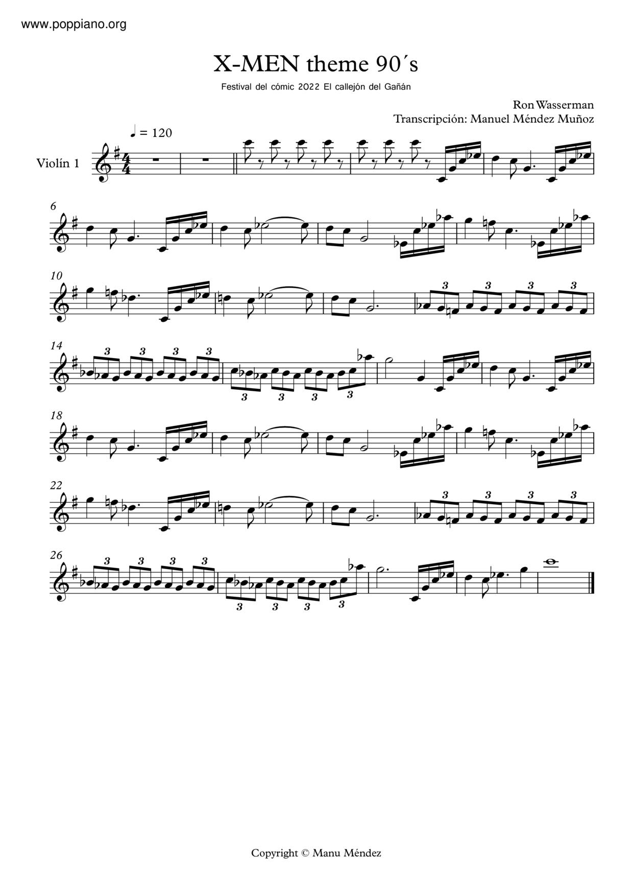 Ron Wasserman-X-Men Theme Violin Score pdf, - Free Score Download ★