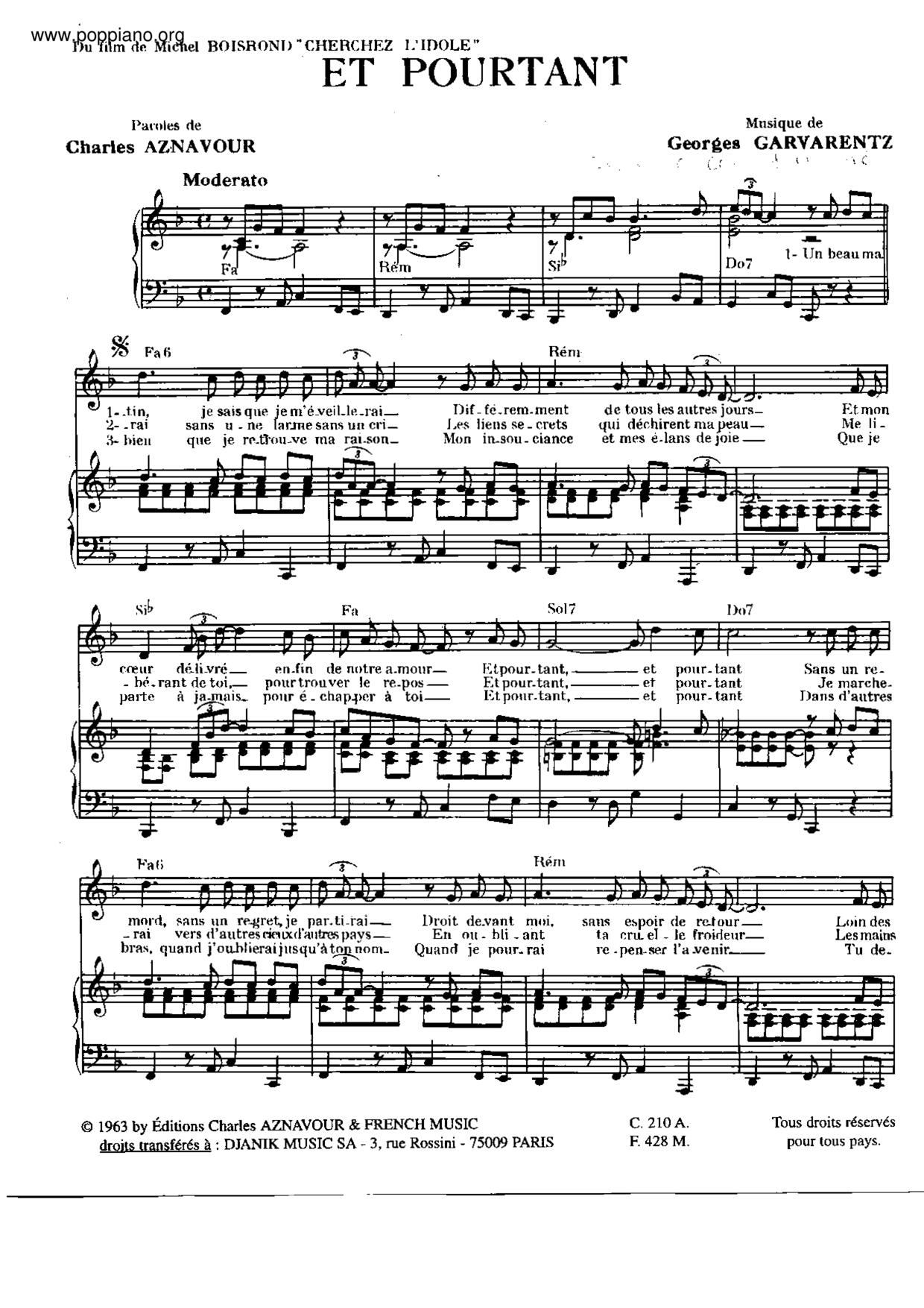 Charles Aznavour-Et Pourtant Sheet Music pdf, - Free Score Download ★