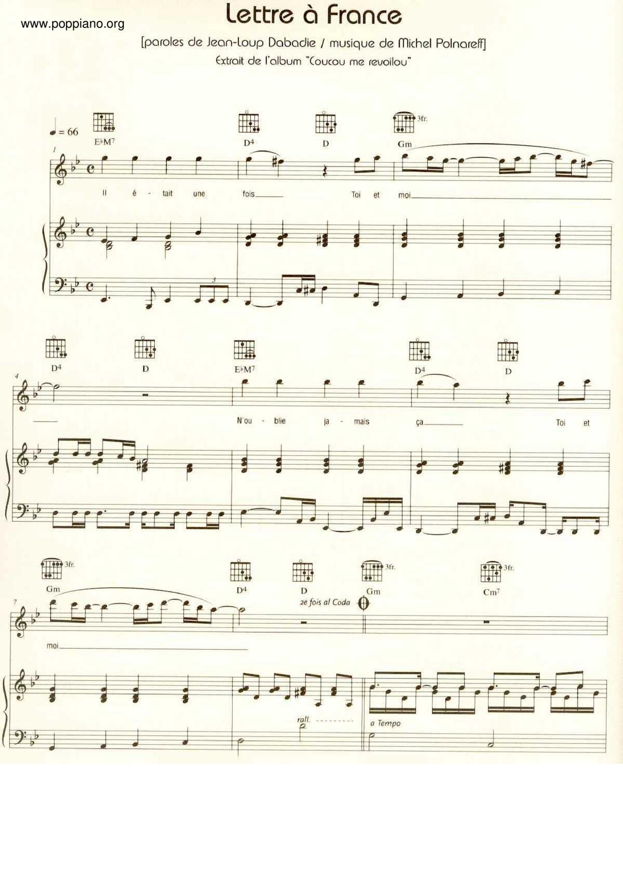 Michel Polnareff-Lettre à France Sheet Music pdf, - Free Score Download ★