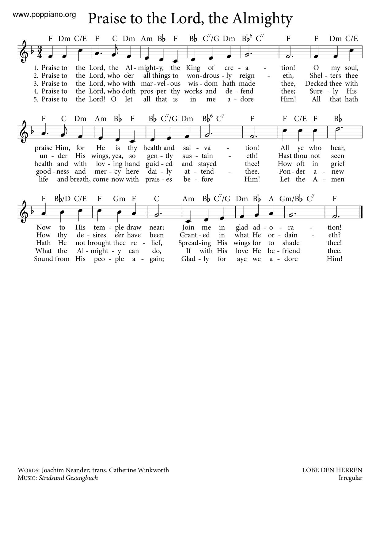 hymn-Praise To The Lord, The Almighty Sheet Music pdf, - Free Score ...