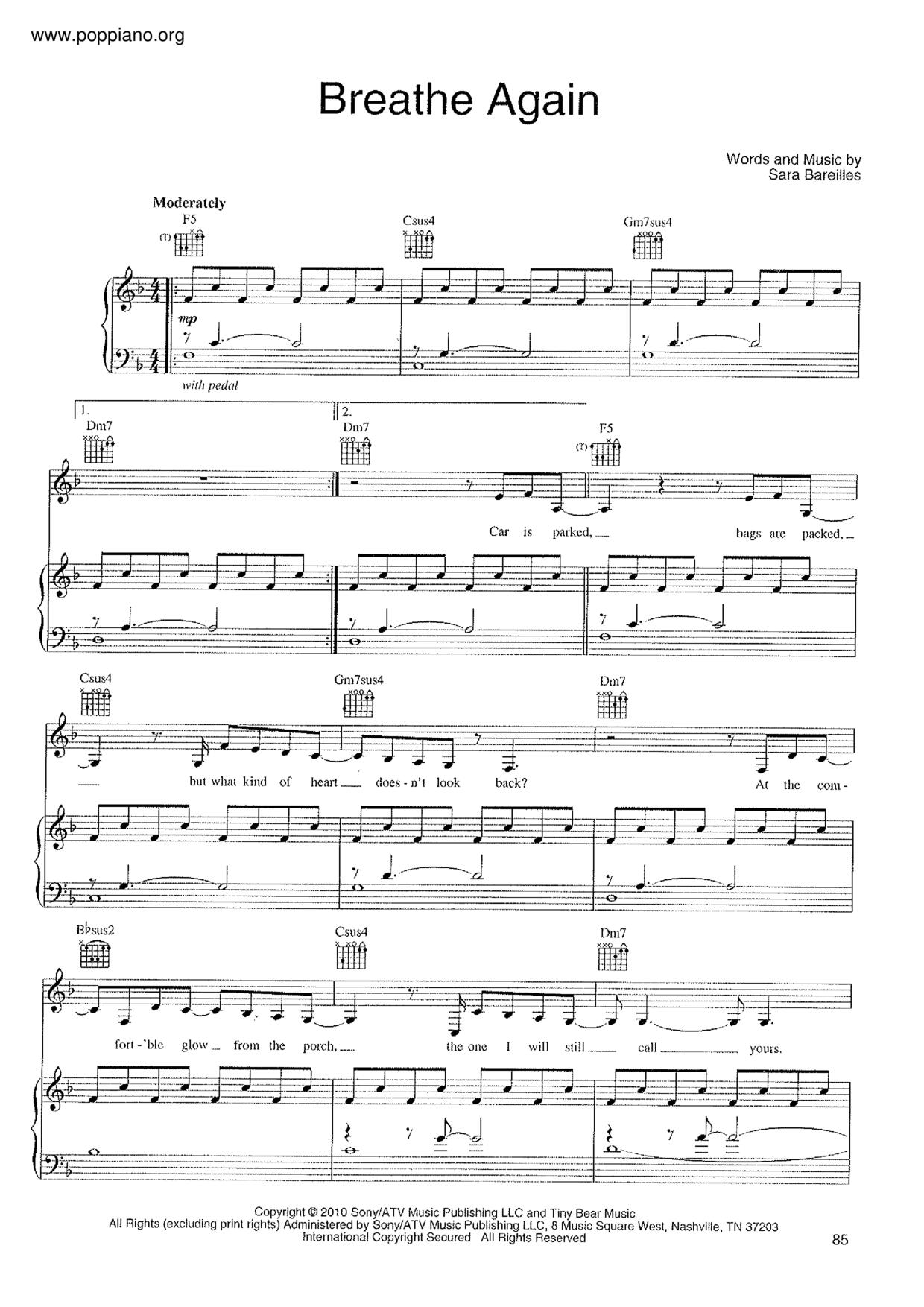 Sara Bareilles-Breathe Again Sheet Music pdf, - Free Score Download ★