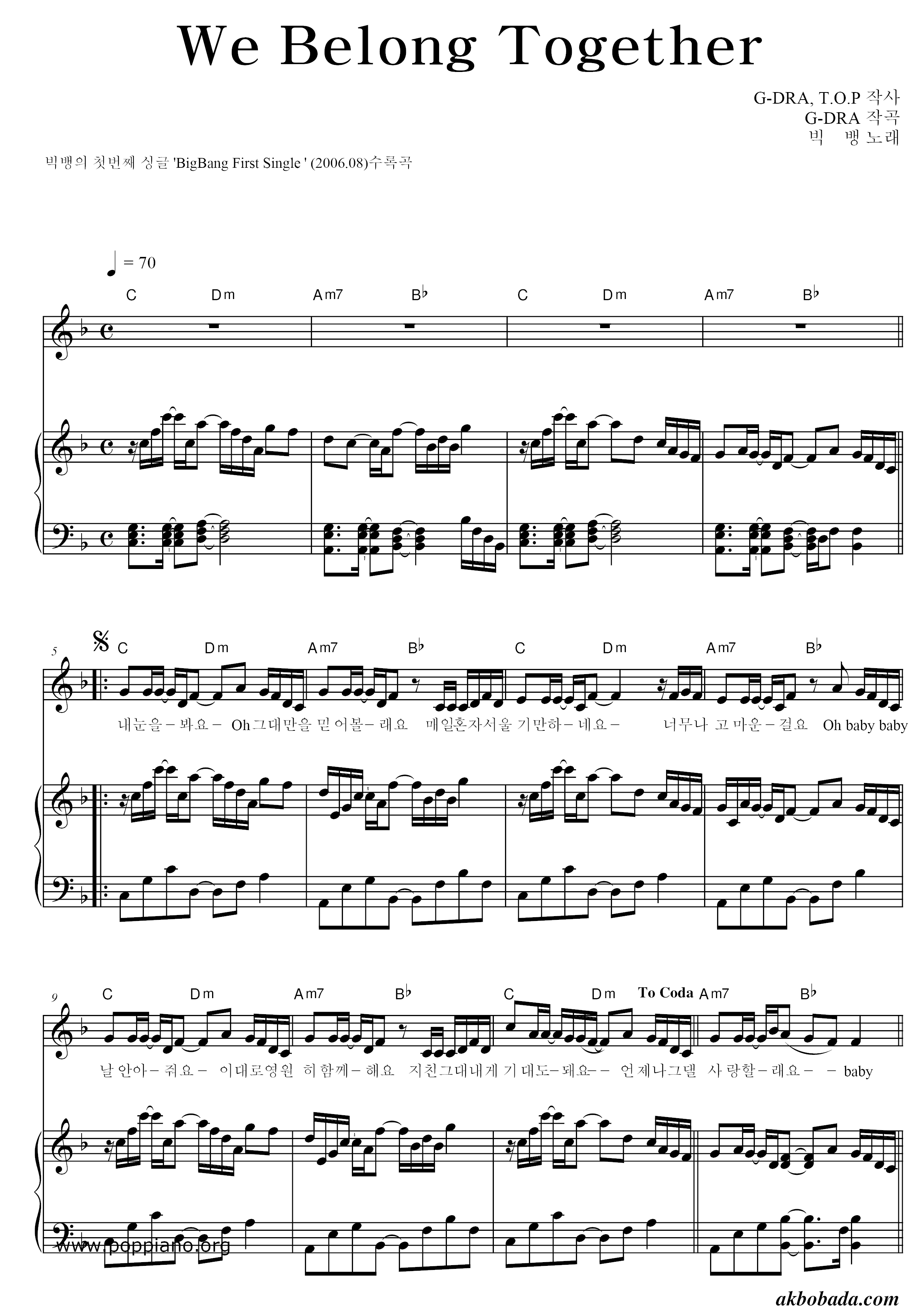 Big Bang, Park Bom, 2NE1-We belong together 琴譜pdf-香港流行鋼琴協會琴譜下載 ★