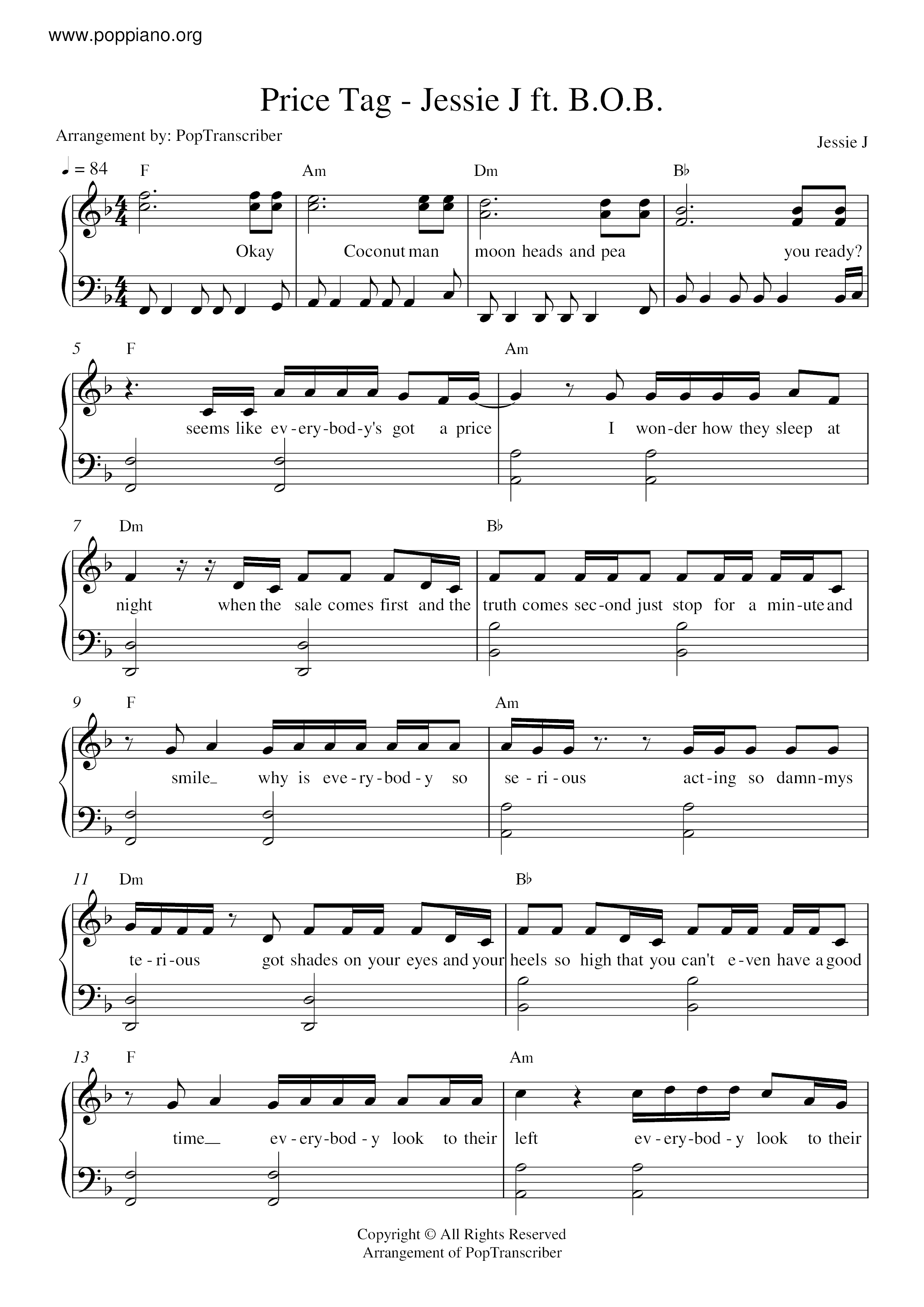Jessie J, B.o.B-Price Tag 琴譜pdf-香港流行鋼琴協會琴譜下載 ★