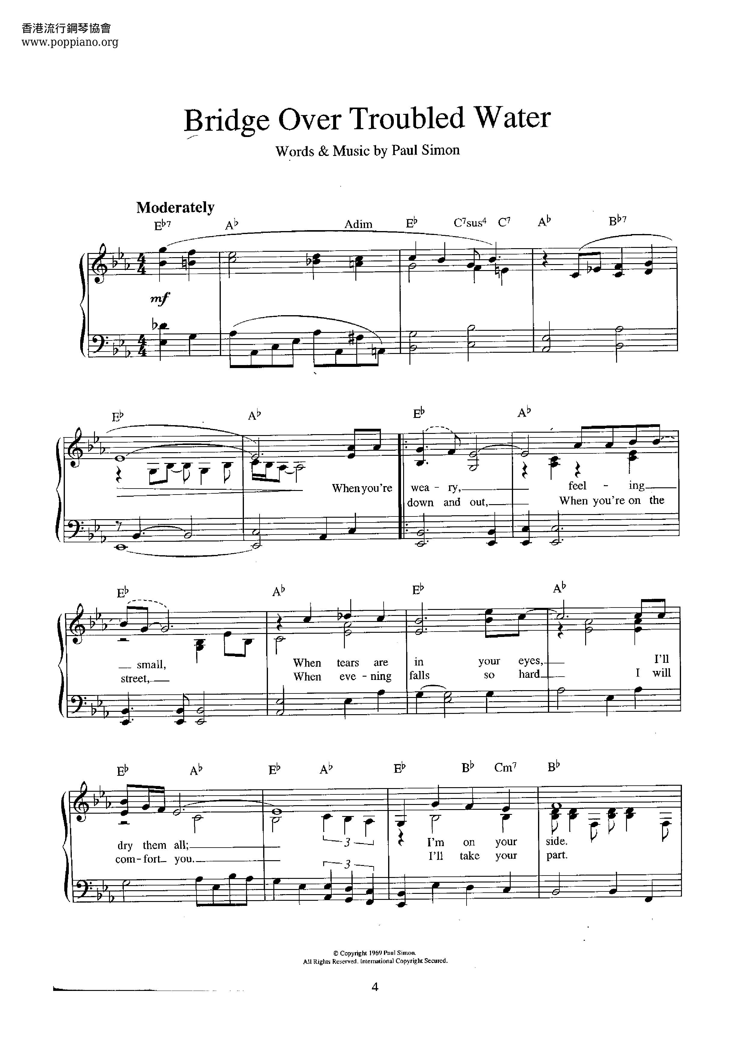 Paul Simon Simon And Garfunkel Bridge Over Troubled Water 琴譜pdf 香港流行鋼琴協會