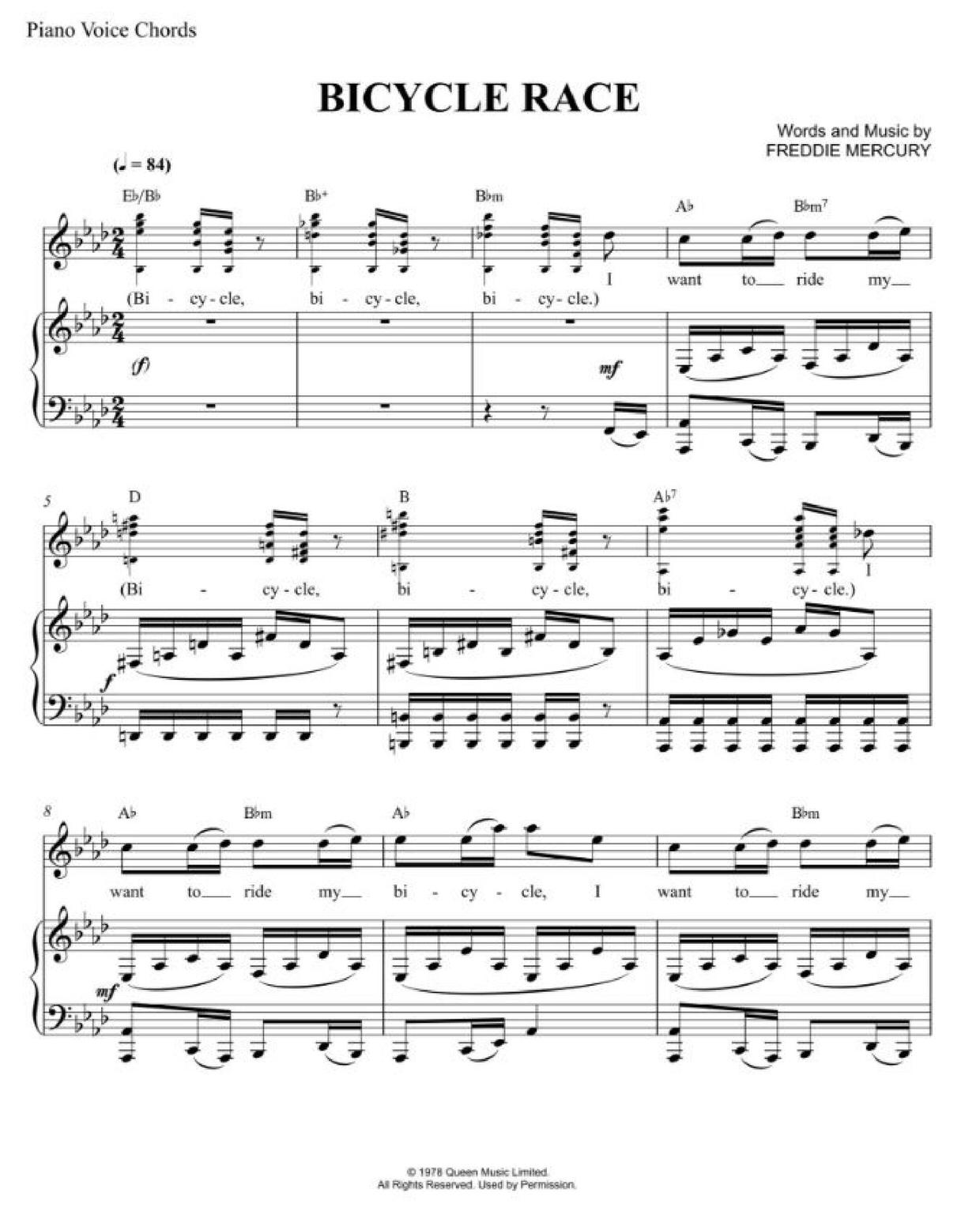 Queen-Bicycle Race 琴譜pdf (クイーン)-香港流行鋼琴協會琴譜下載 ★