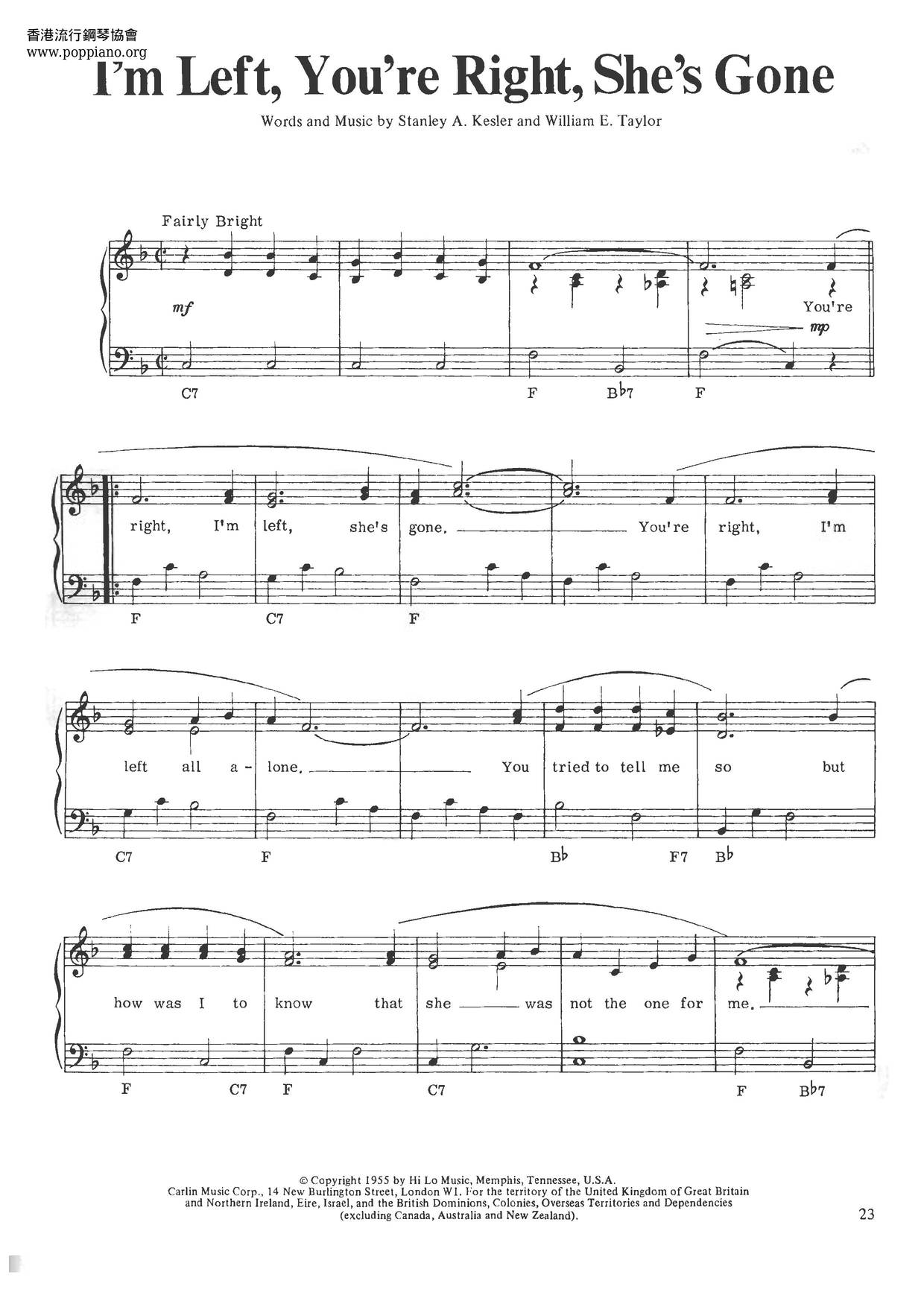 Elvis Presley-I'm Left, You're Right, She's Gone 琴譜pdf-香港流行鋼琴協會琴譜下載 ★