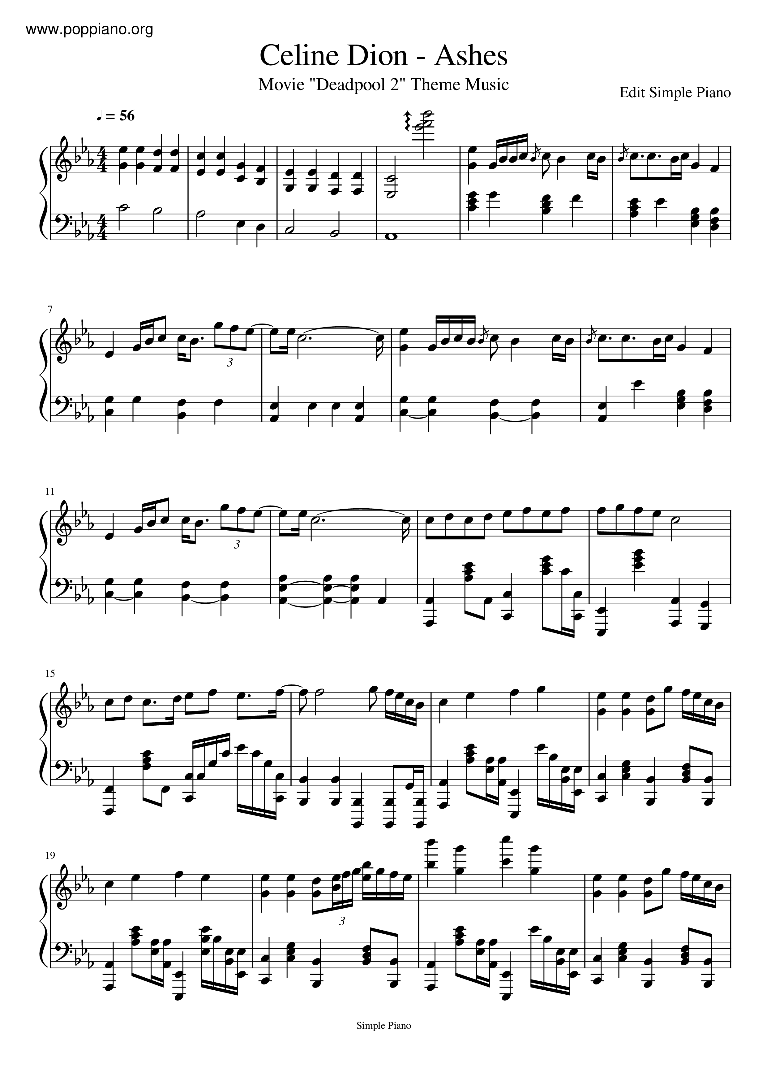 Celine Dion Ashes From Deadpool 2 Motion Picture Soundtrack 琴譜pdf 香港
