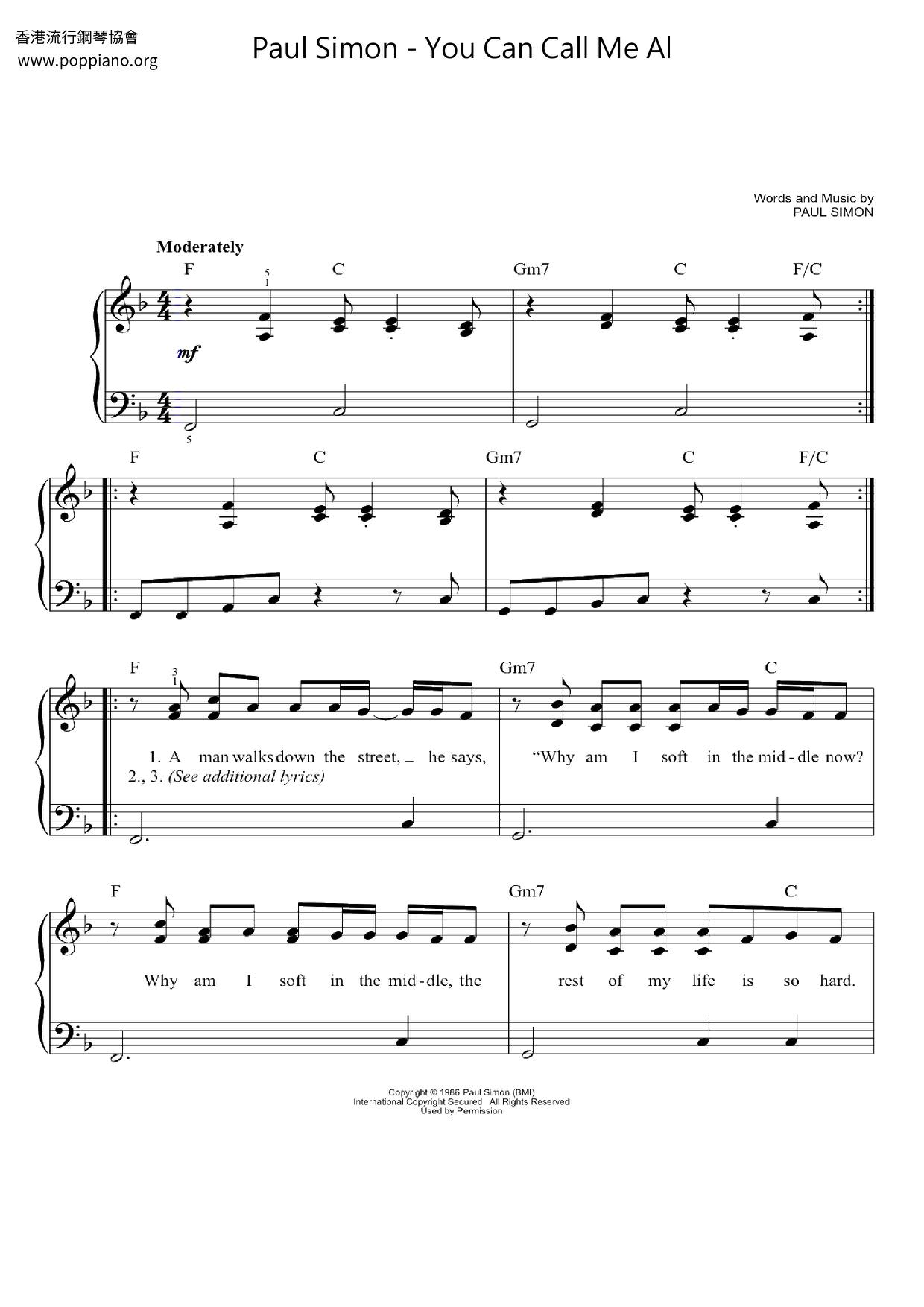 Paul Simon-You Can Call Me Al 琴譜pdf-香港流行鋼琴協會琴譜下載 ★