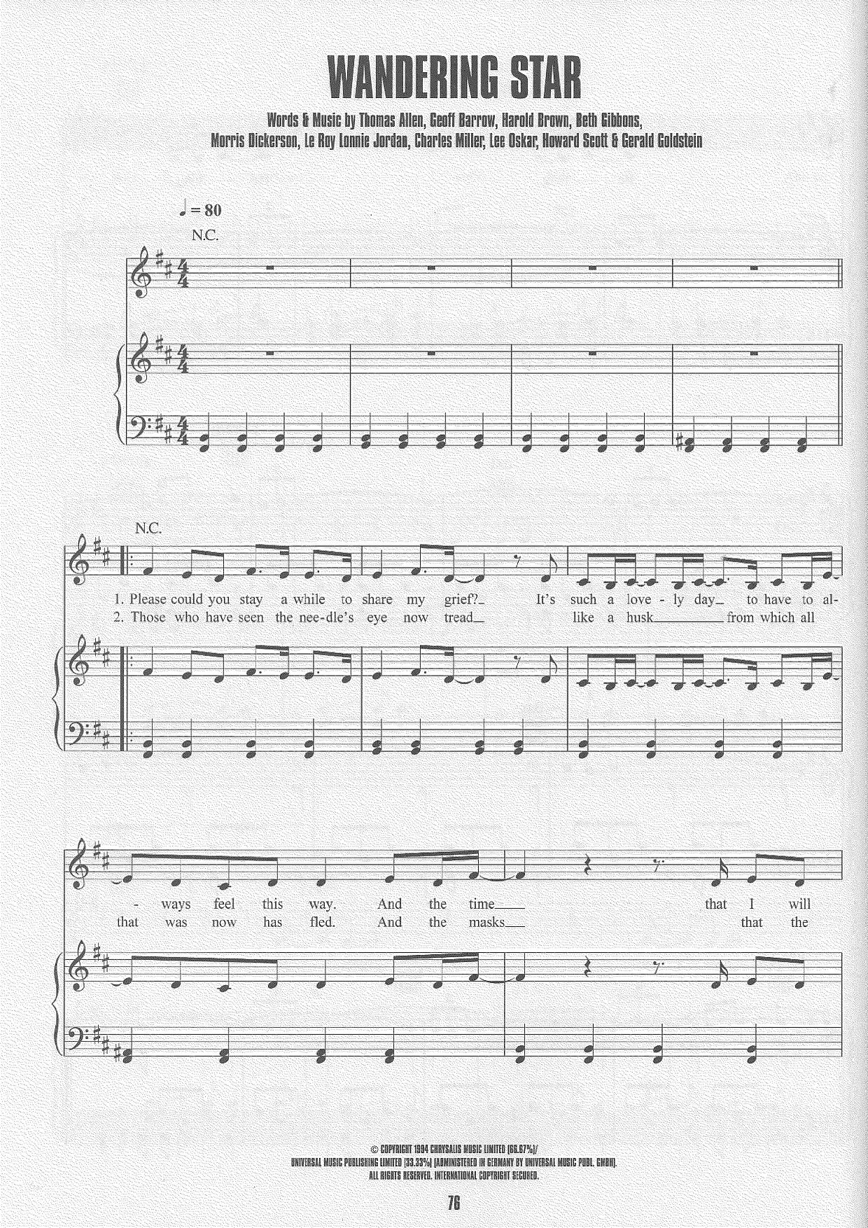 Portishead-Wandering Star 琴譜pdf-香港流行鋼琴協會琴譜下載 ★