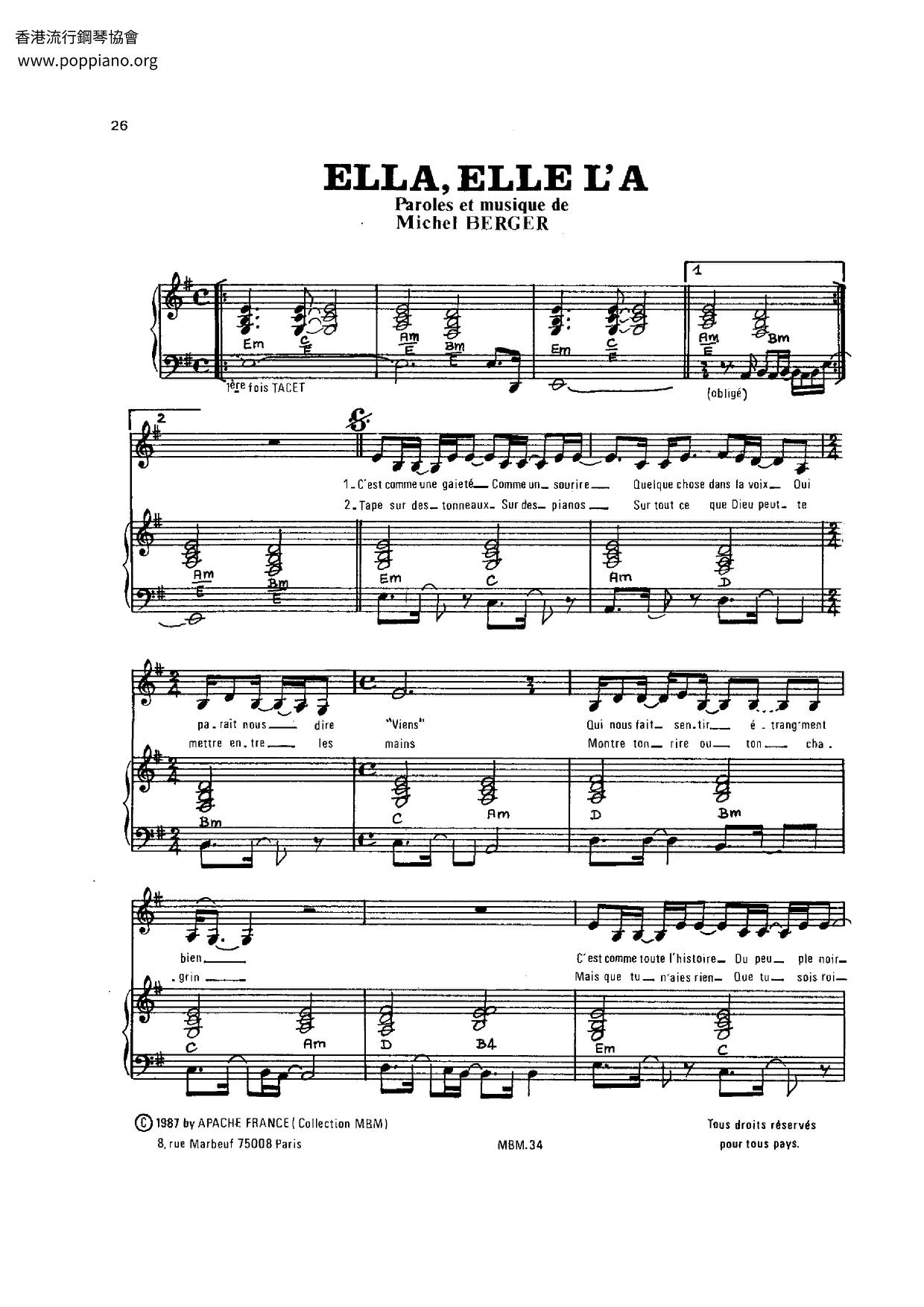 France Gall-Ella, elle l'a 琴譜pdf-香港流行鋼琴協會琴譜下載 ★
