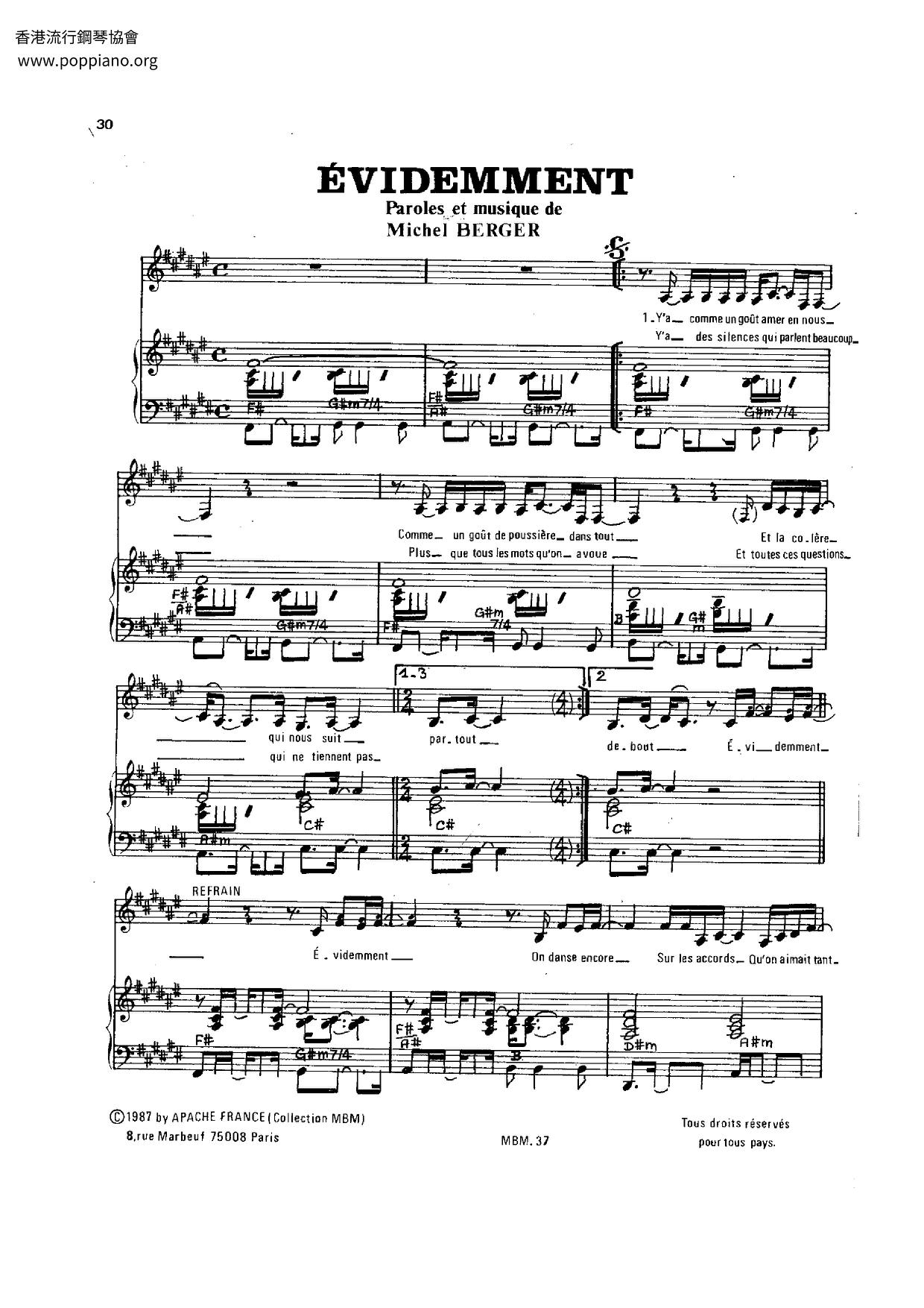 France Gall-Evidemment 琴譜pdf-香港流行鋼琴協會琴譜下載 ★