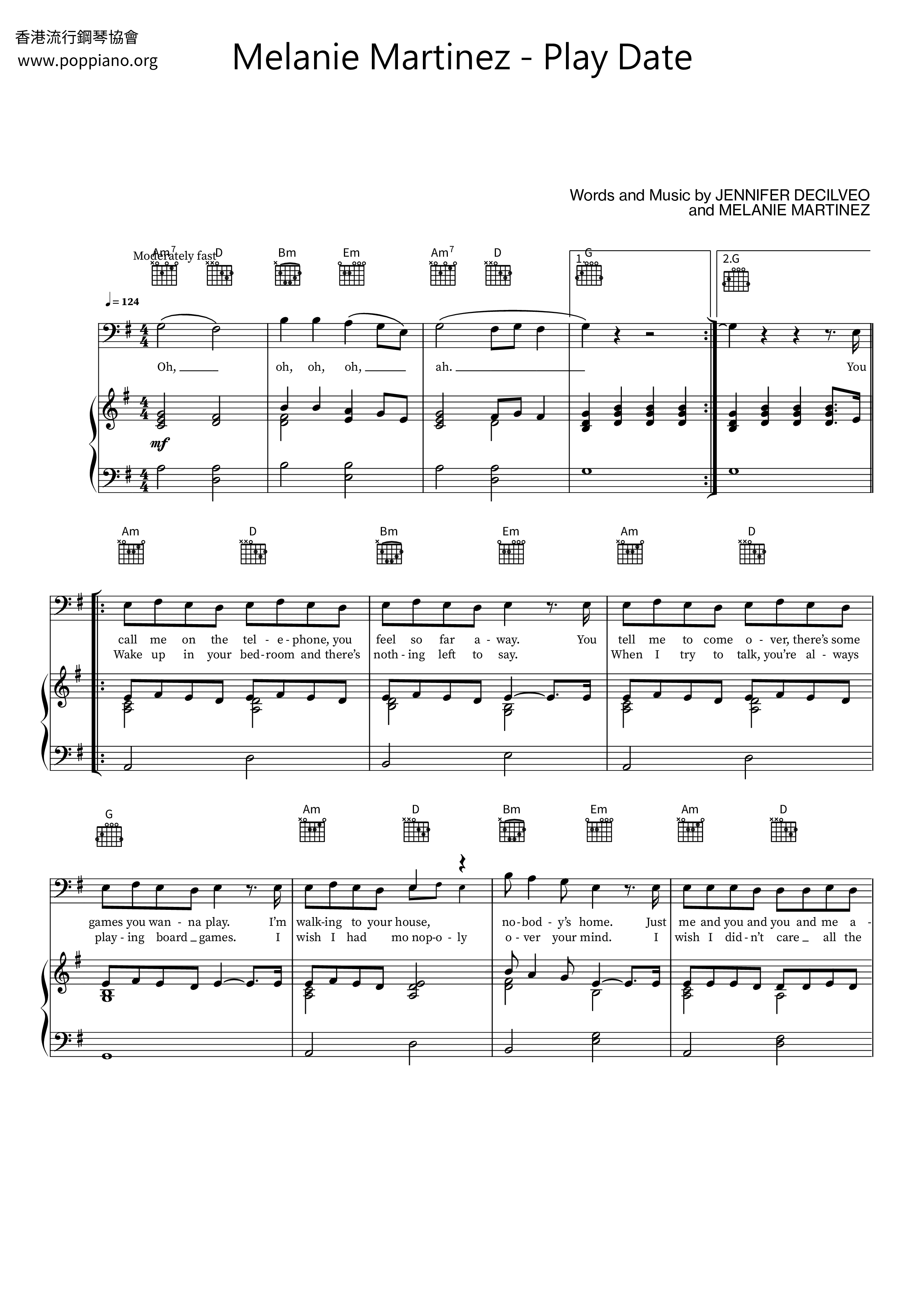Melanie Martinez-Play Date 琴譜pdf-香港流行鋼琴協會琴譜下載 ★