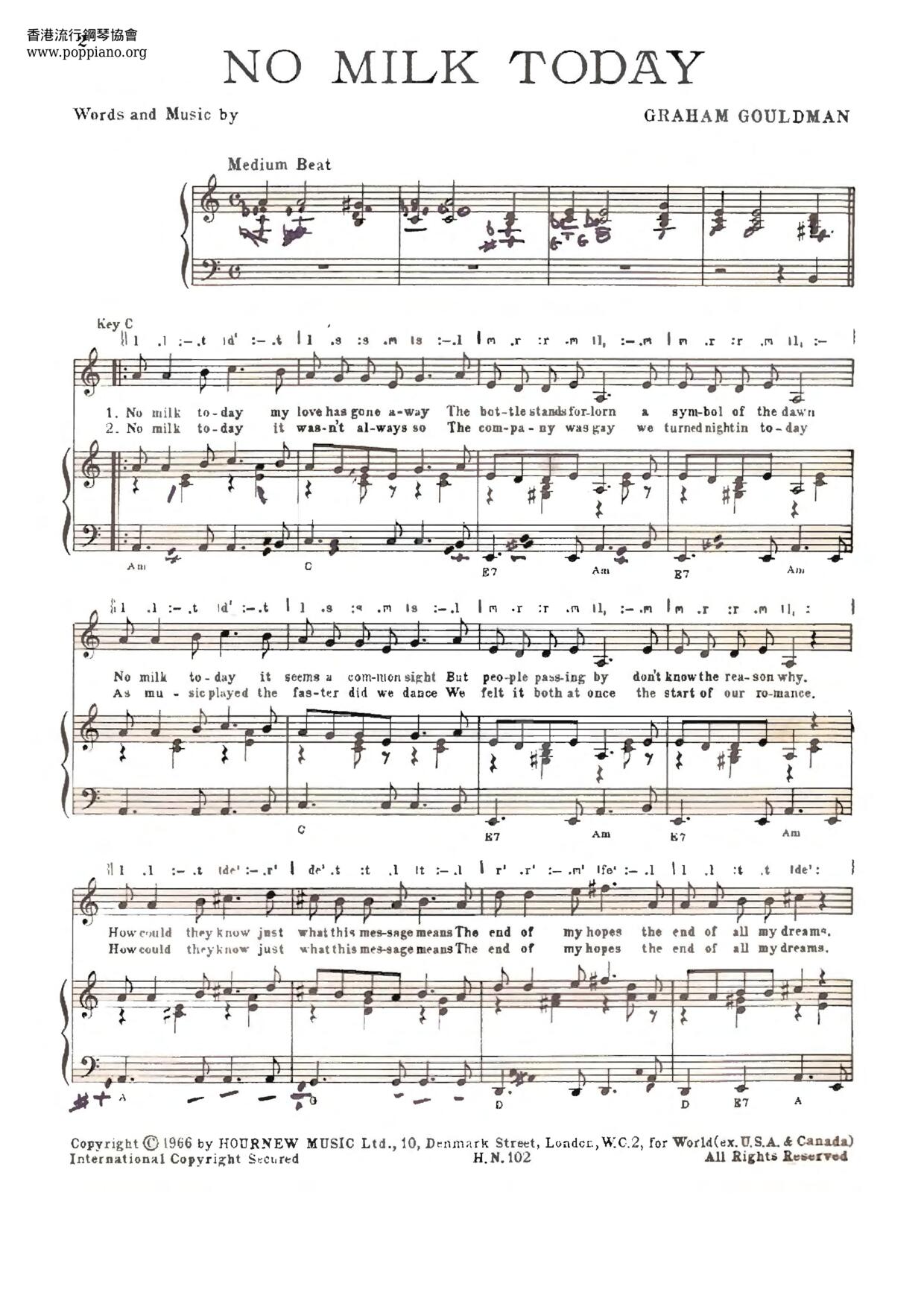 Graham Gouldman-No Milk Today 琴譜pdf-香港流行鋼琴協會琴譜下載 ★