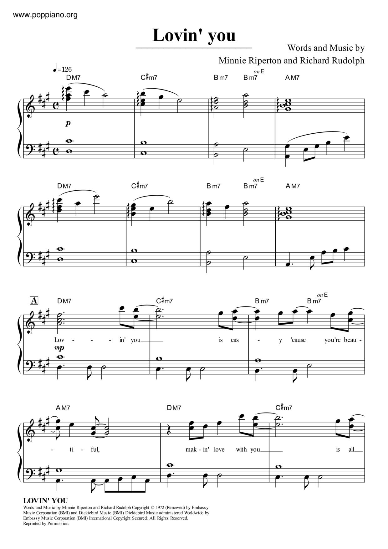Minnie Riperton-Lovin' You 琴譜pdf-ラヴィン·ユー 楽譜-香港流行鋼琴協會琴譜下載 ★