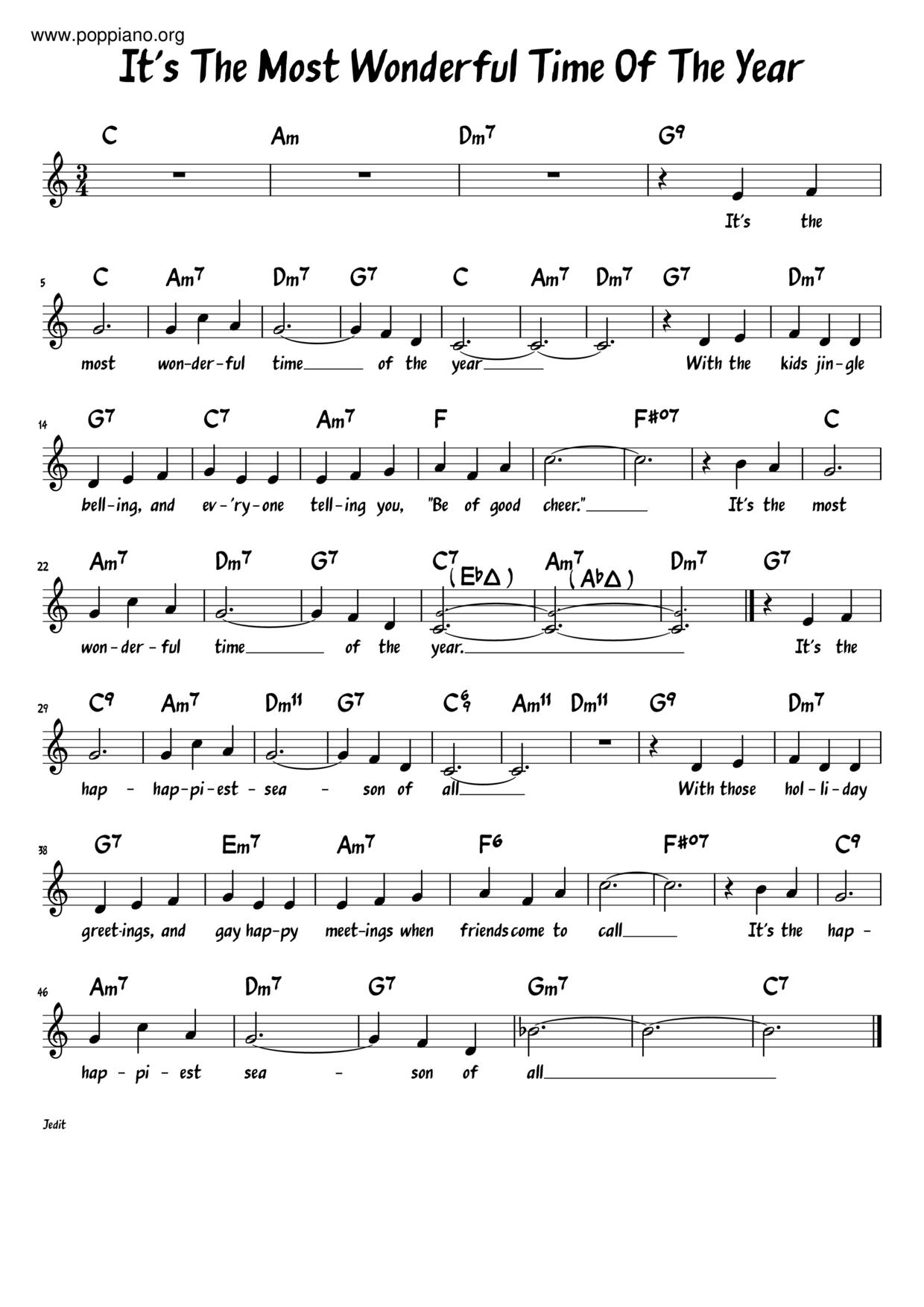 Andy Williams-It's The Most Wonderful Time Of The Year 琴譜pdf-香港流行鋼琴協會琴譜下載 ★