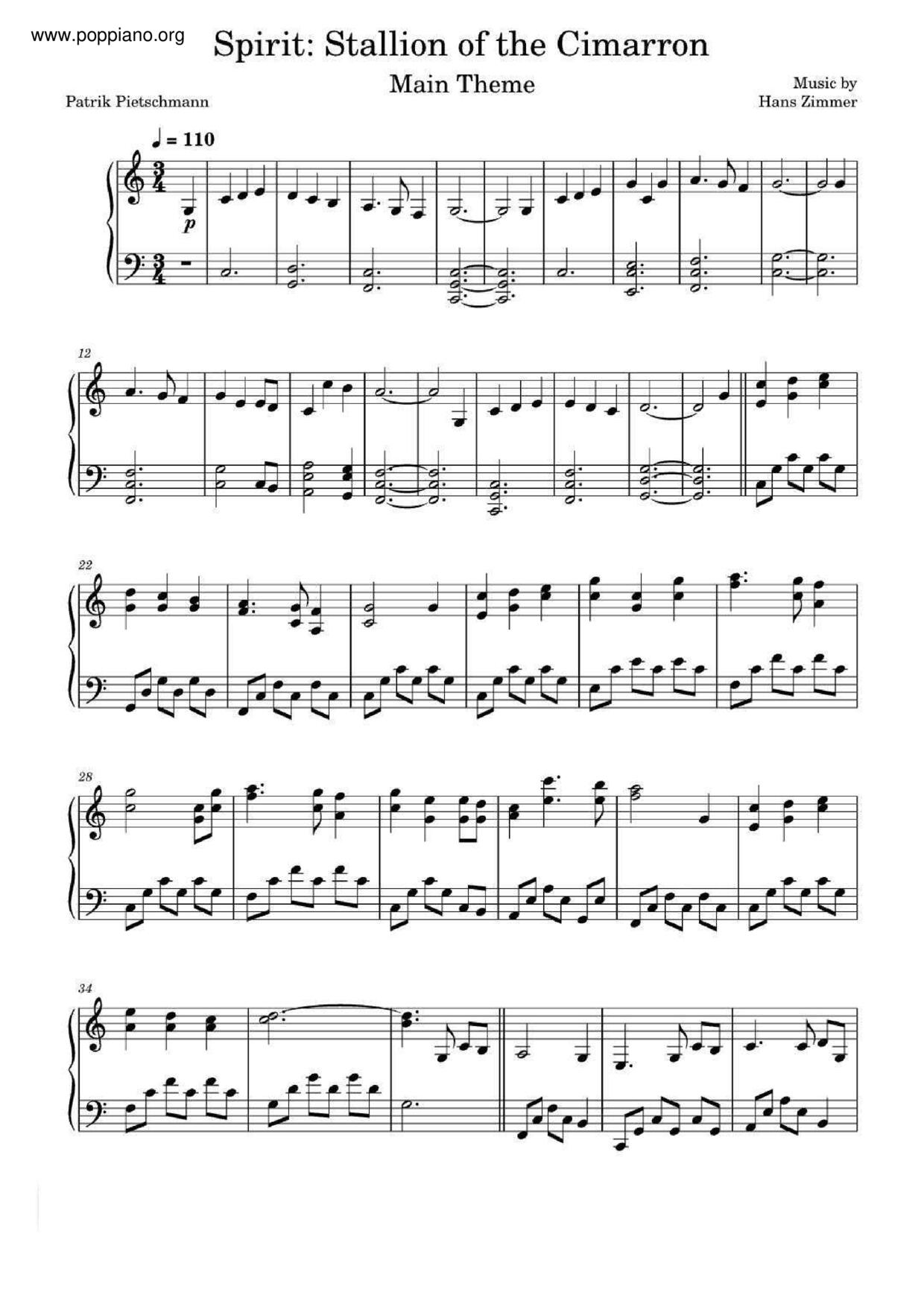 Hans Zimmer-Spirit Stallion Of The Cimarron 琴譜pdf-香港流行鋼琴協會琴譜下載 ★