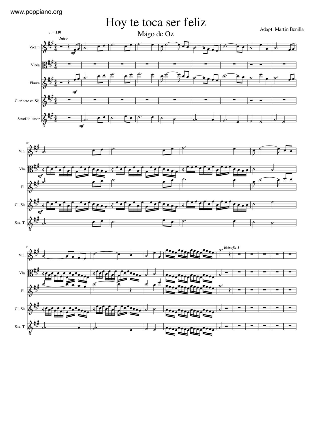 Mago De Oz-Hoy Toca Ser Feliz 小提琴譜pdf-香港流行鋼琴協會琴譜下載 ★