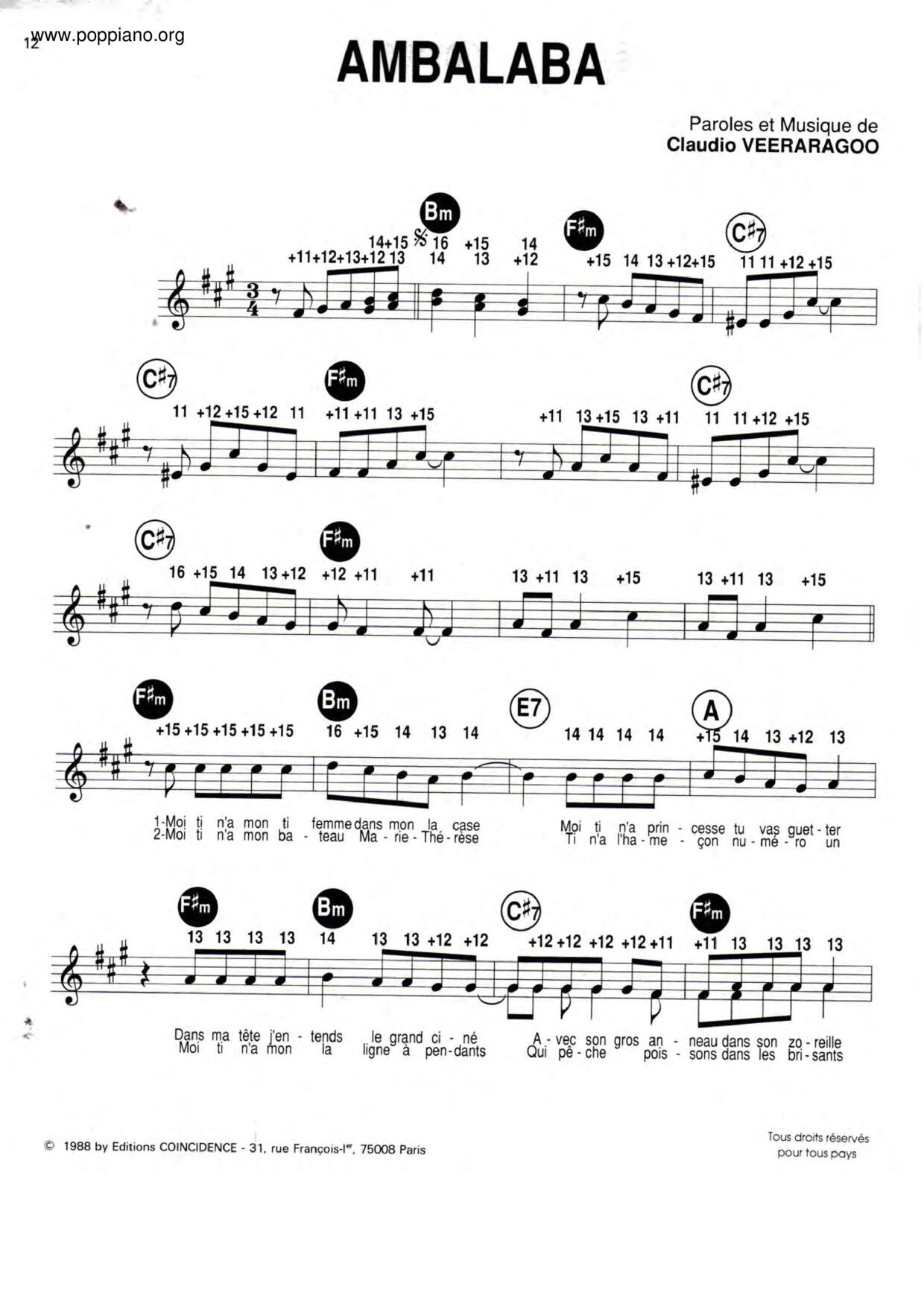 Maxime Le Forestier-Ambalaba 琴譜pdf-香港流行鋼琴協會琴譜下載 ★