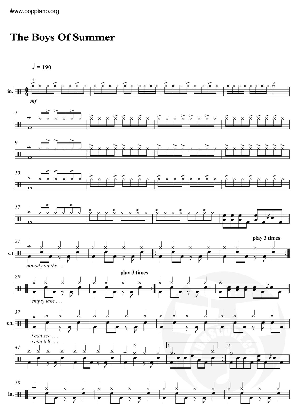 Don Henley-The Boys Of Summer 鼓譜pdf-香港流行鋼琴協會琴譜下載 ★