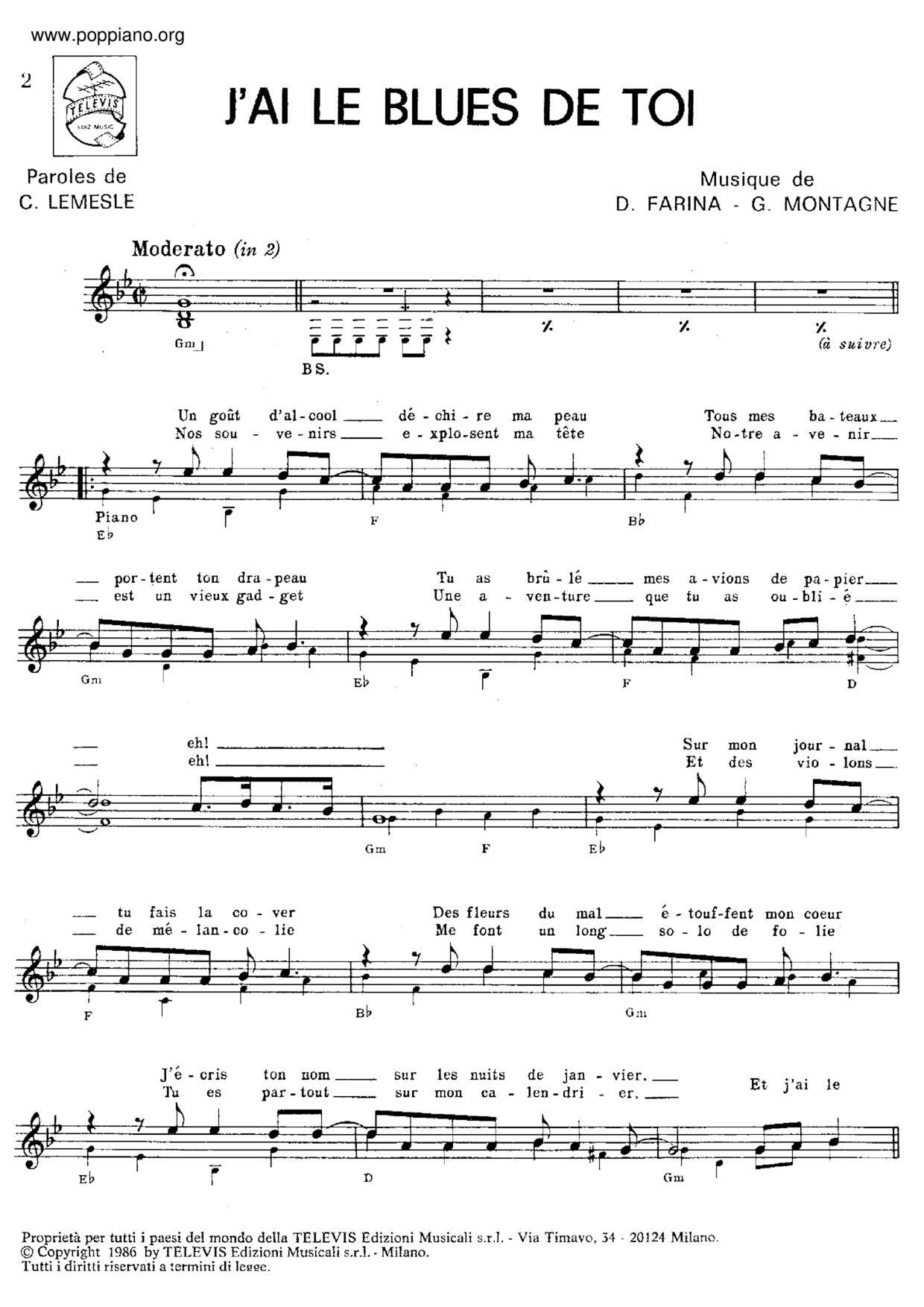 Gilbert Montagné-J'ai Le Blues De Toi 琴譜pdf-香港流行鋼琴協會琴譜下載 ★