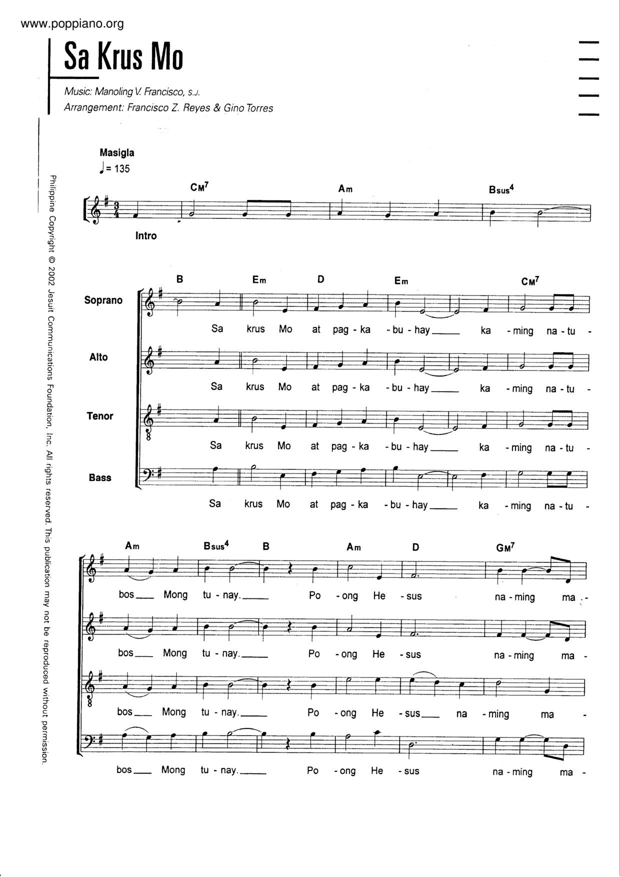 Fr. Manoling Francisco, SJ-Sa Krus Mo 琴譜pdf-香港流行鋼琴協會琴譜下載 ★