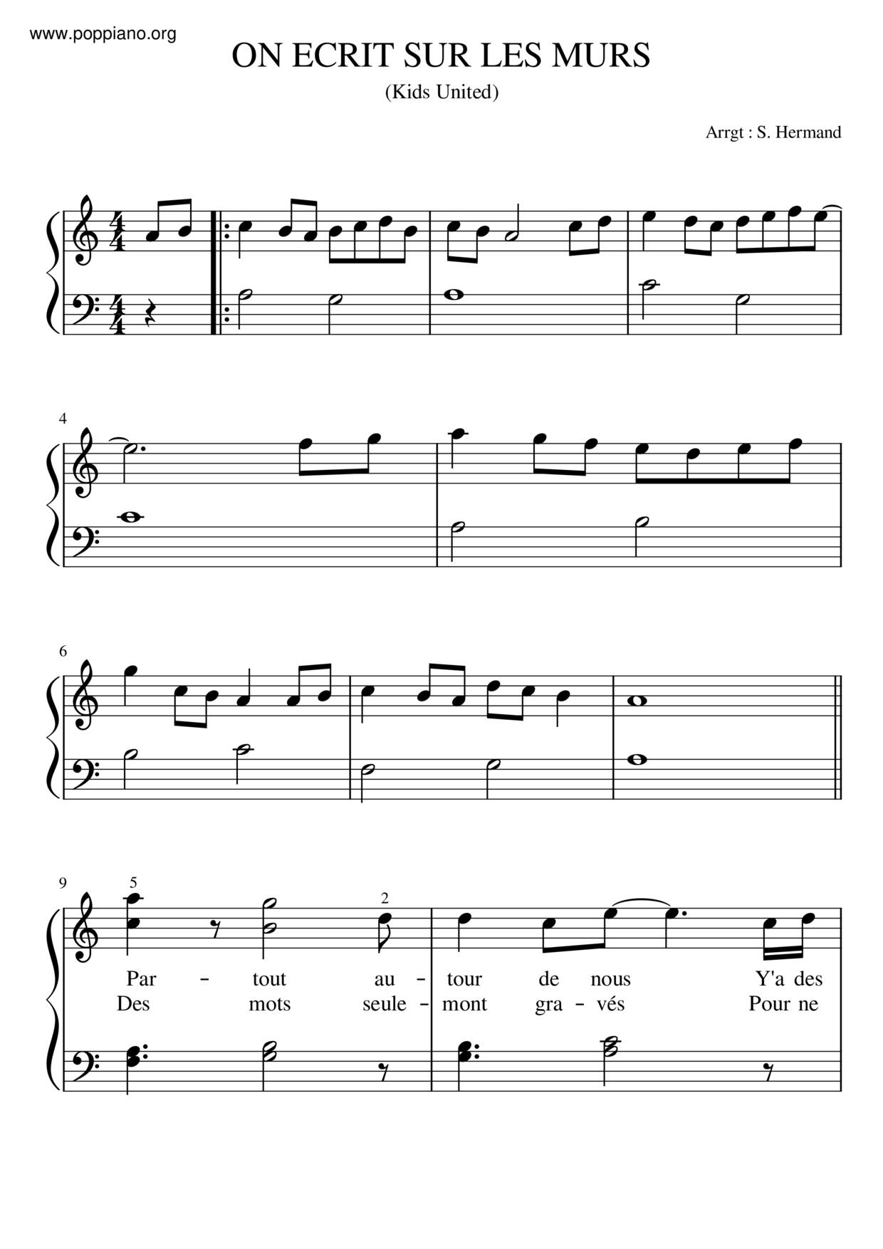 Kids United-On Écrit Sur Les Murs 琴譜pdf-香港流行鋼琴協會琴譜下載 ★