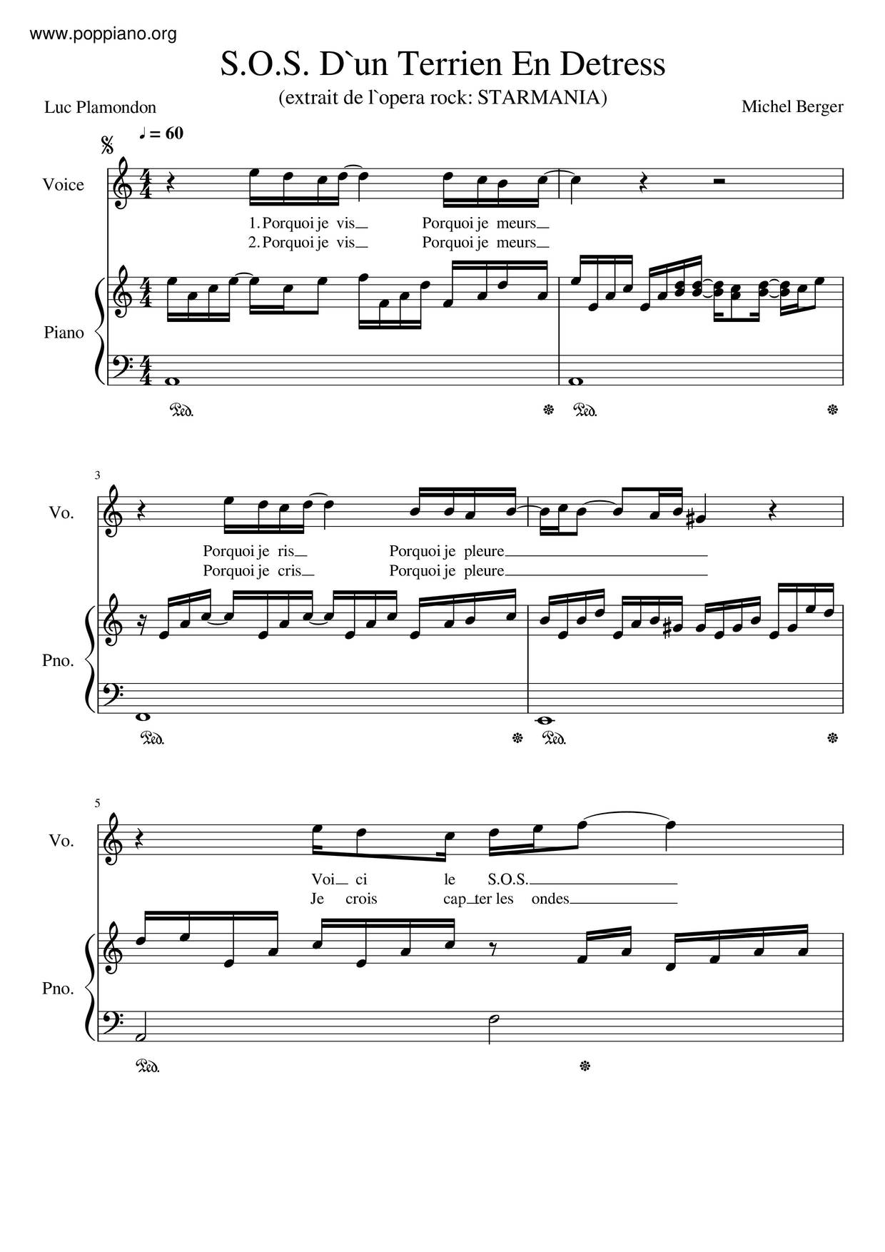 ★Michel Berger - S.O.S. D'un Terrien En Detresse ピアノ譜pdf- 香港ポップピアノ協会 無料 ...