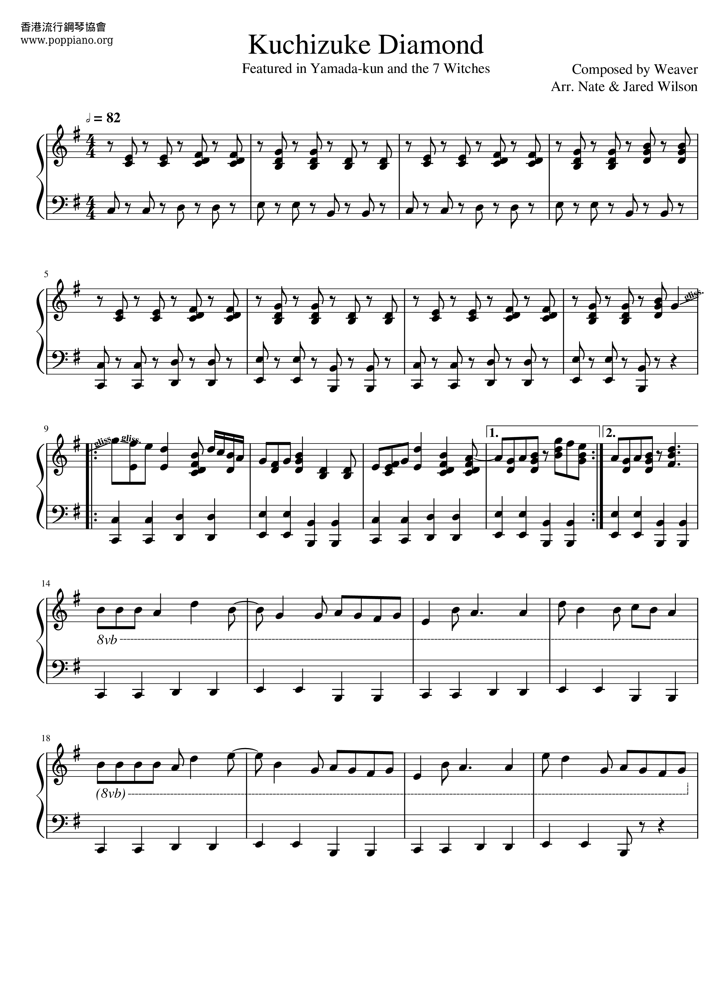 ★Weaver - Kuchizuke Diamond ピアノ譜pdf- 香港ポップピアノ協会 無料PDF楽譜ダウンロード gakufu