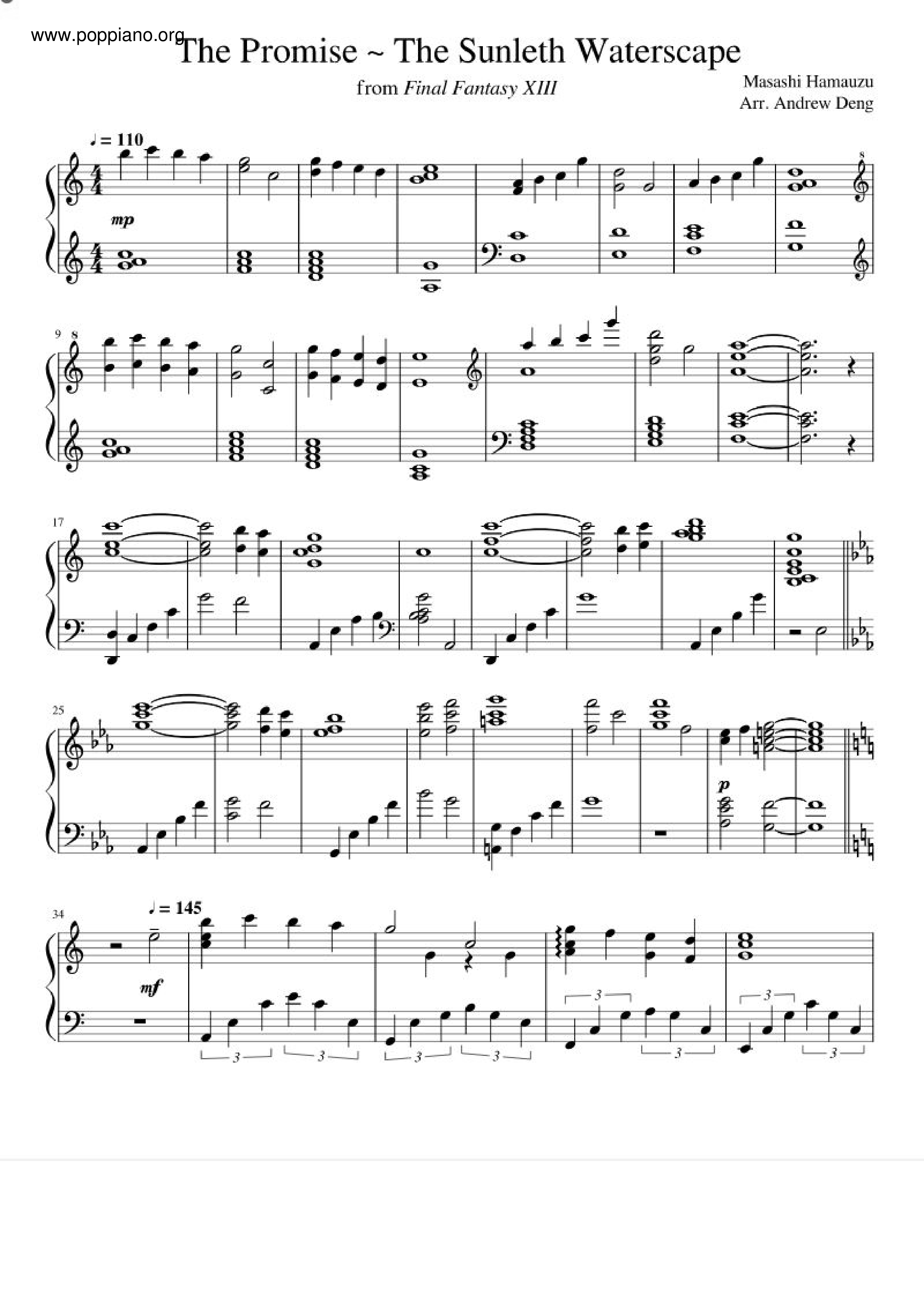 ★最終幻想XIII - Final Fantasy Xiii - The Promise ~ The Sunleth Waterscape ピアノ譜pdf- 香港ポップピアノ協会 無料PDF ...