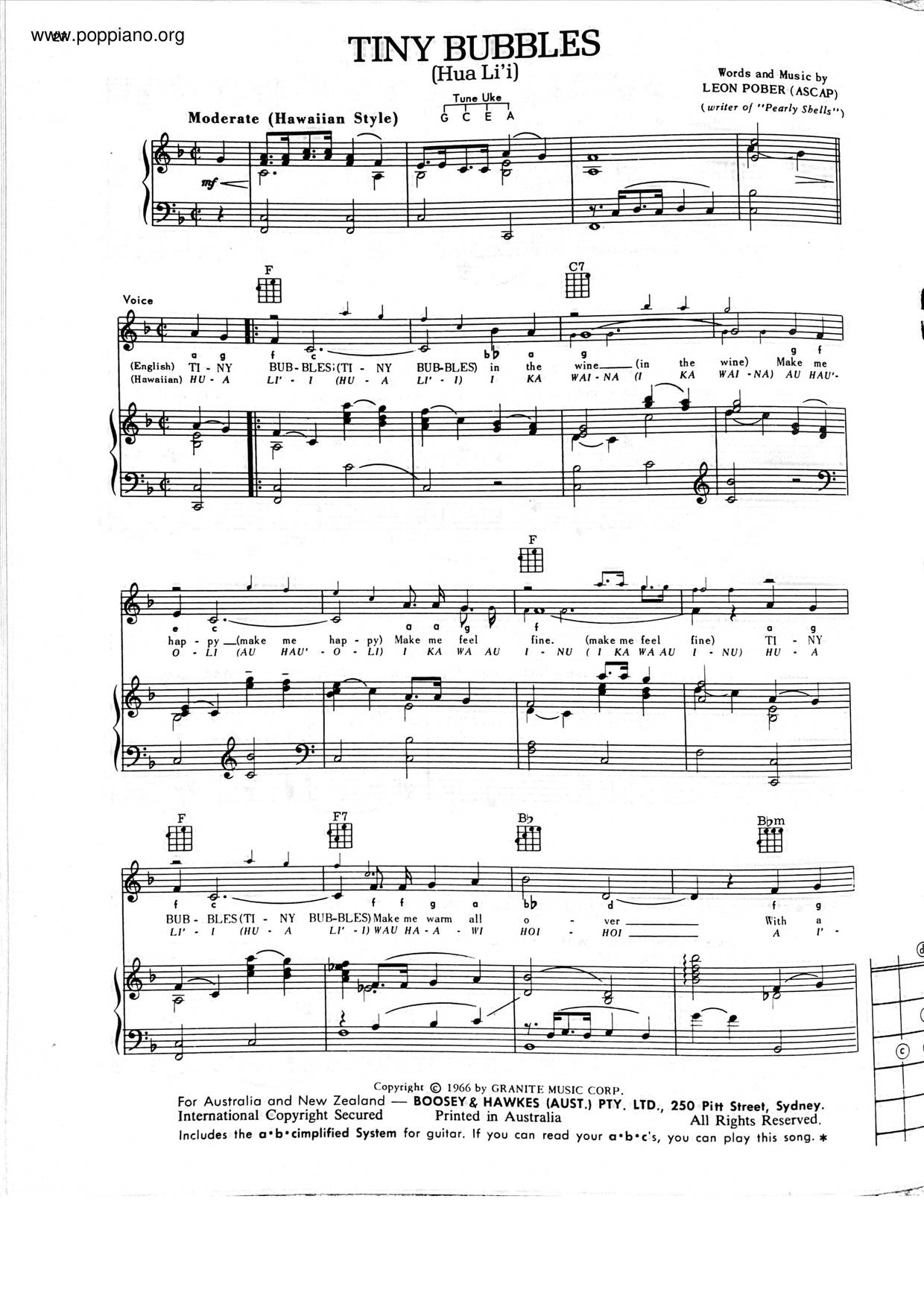 ★Don Ho - Tiny Bubbles ピアノ譜pdf- 香港ポップピアノ協会 無料PDF楽譜ダウンロード gakufu