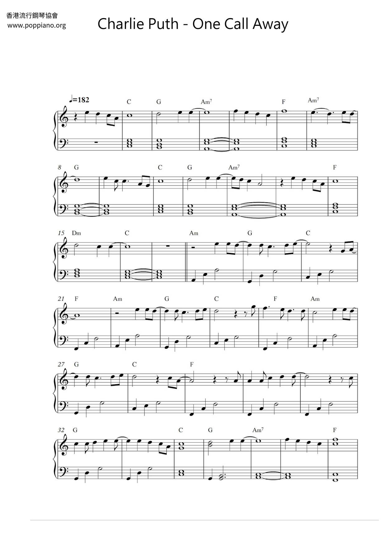 ★Charlie Puth - One Call Away ピアノ譜pdf- 香港ポップピアノ協会 無料PDF楽譜ダウンロード gakufu