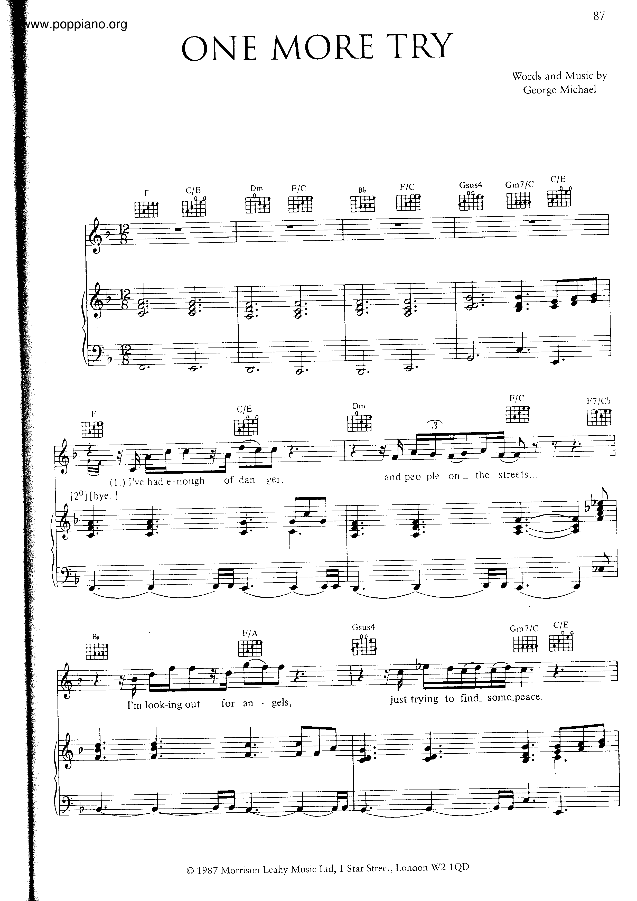 ★George Michael - One More Try ピアノ譜pdf- 香港ポップピアノ協会 無料PDF楽譜ダウンロード gakufu