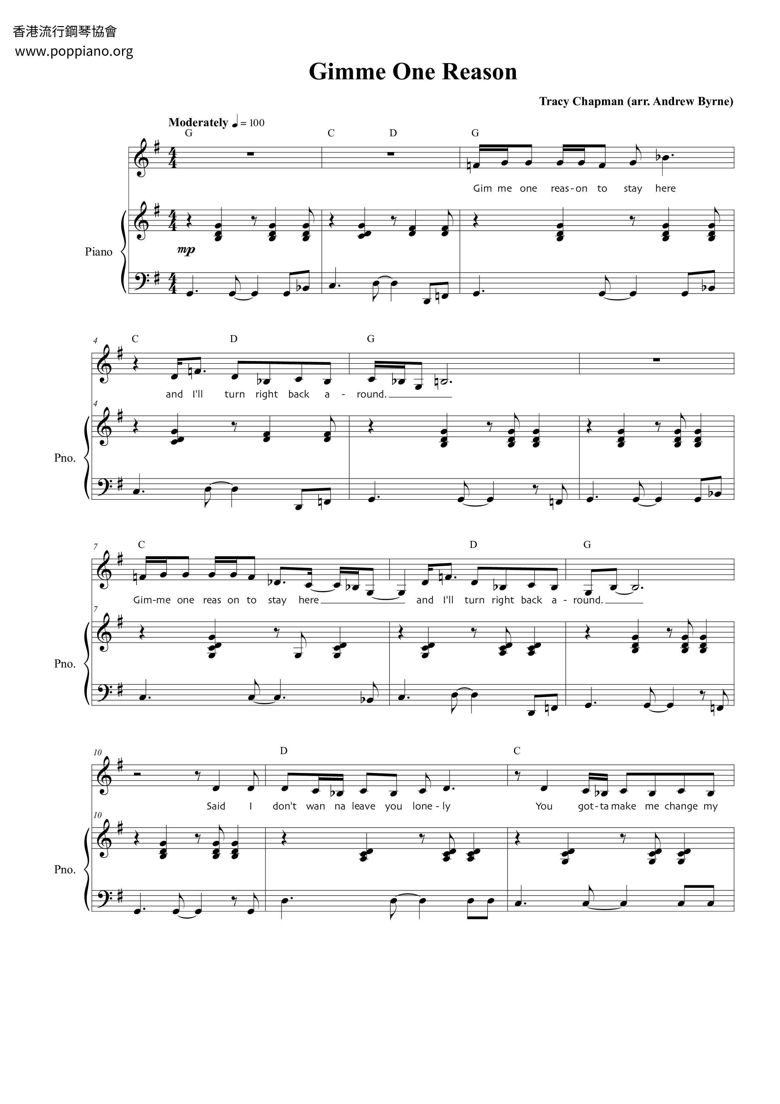 ★Tracy Chapman - Give Me One Reason ピアノ譜pdf- 香港ポップピアノ協会 無料PDF楽譜ダウンロード ...