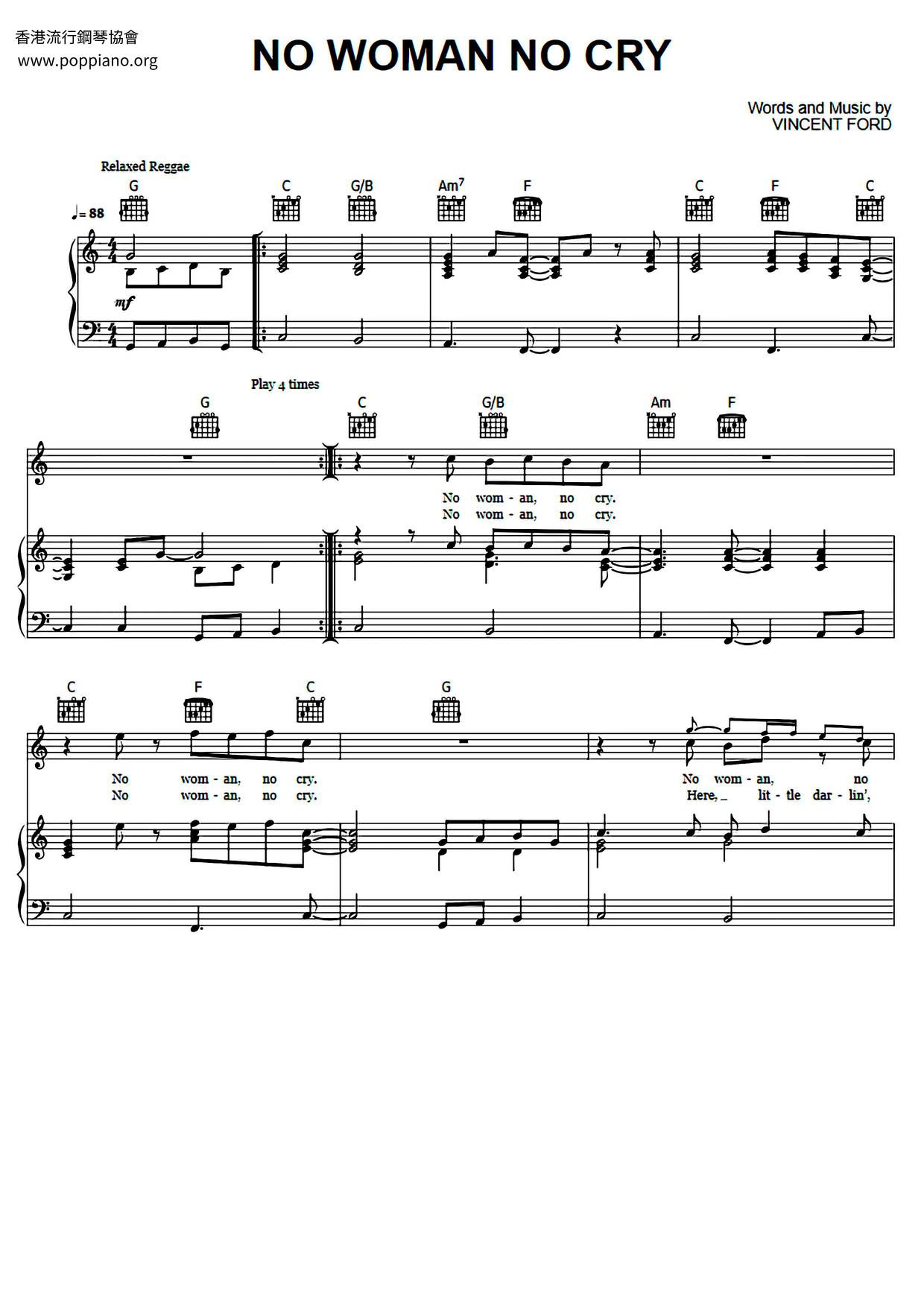 ★Bob Marley - No Woman No Cry ピアノ譜pdf- 香港ポップピアノ協会 無料PDF楽譜ダウンロード gakufu