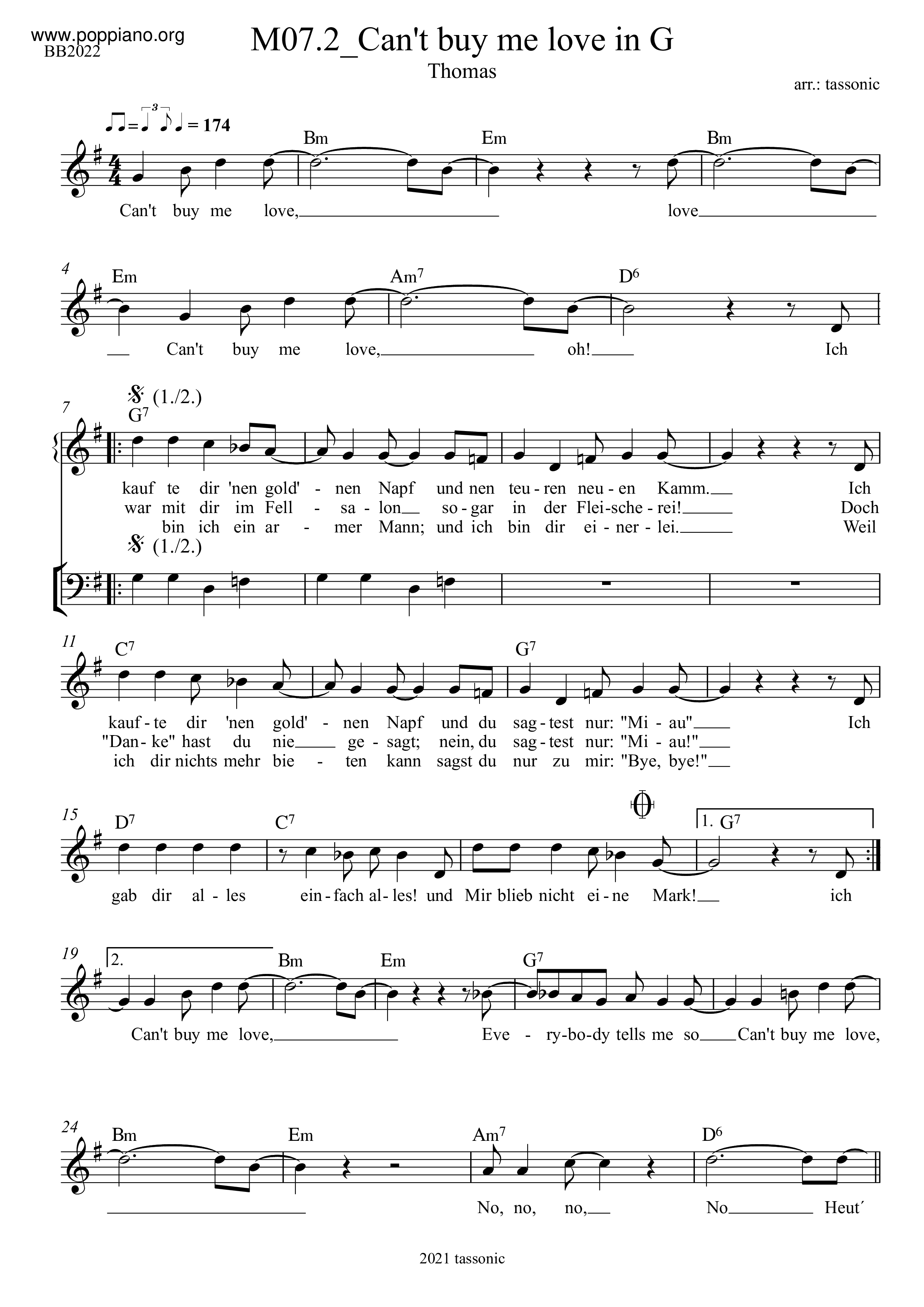 ★The Beatles - Can't Buy Me Love ピアノ譜pdf- 香港ポップピアノ協会 無料PDF楽譜ダウンロード gakufu