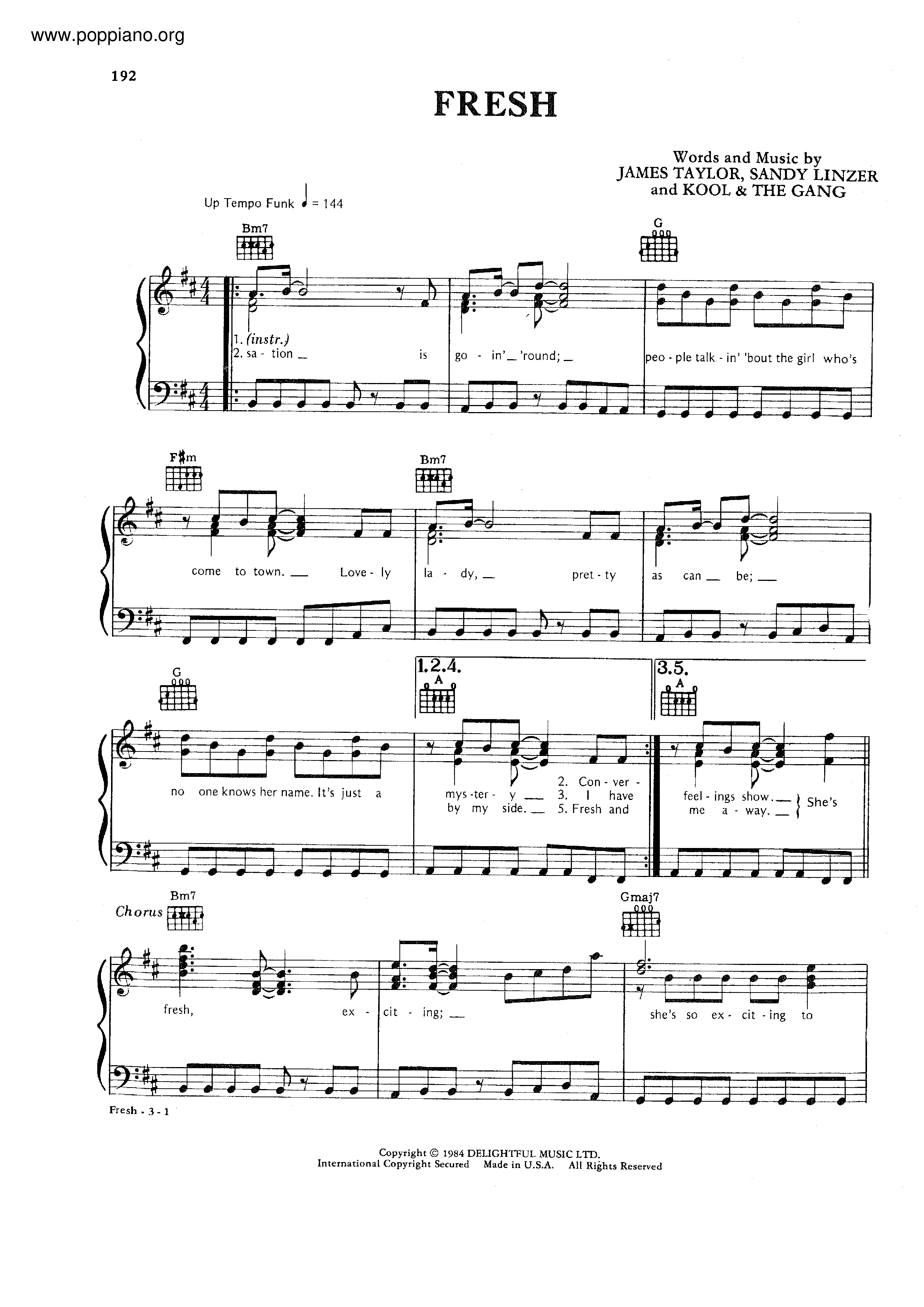 ★Kool & The Gang - Fresh ピアノ譜pdf- 香港ポップピアノ協会 無料PDF楽譜ダウンロード gakufu