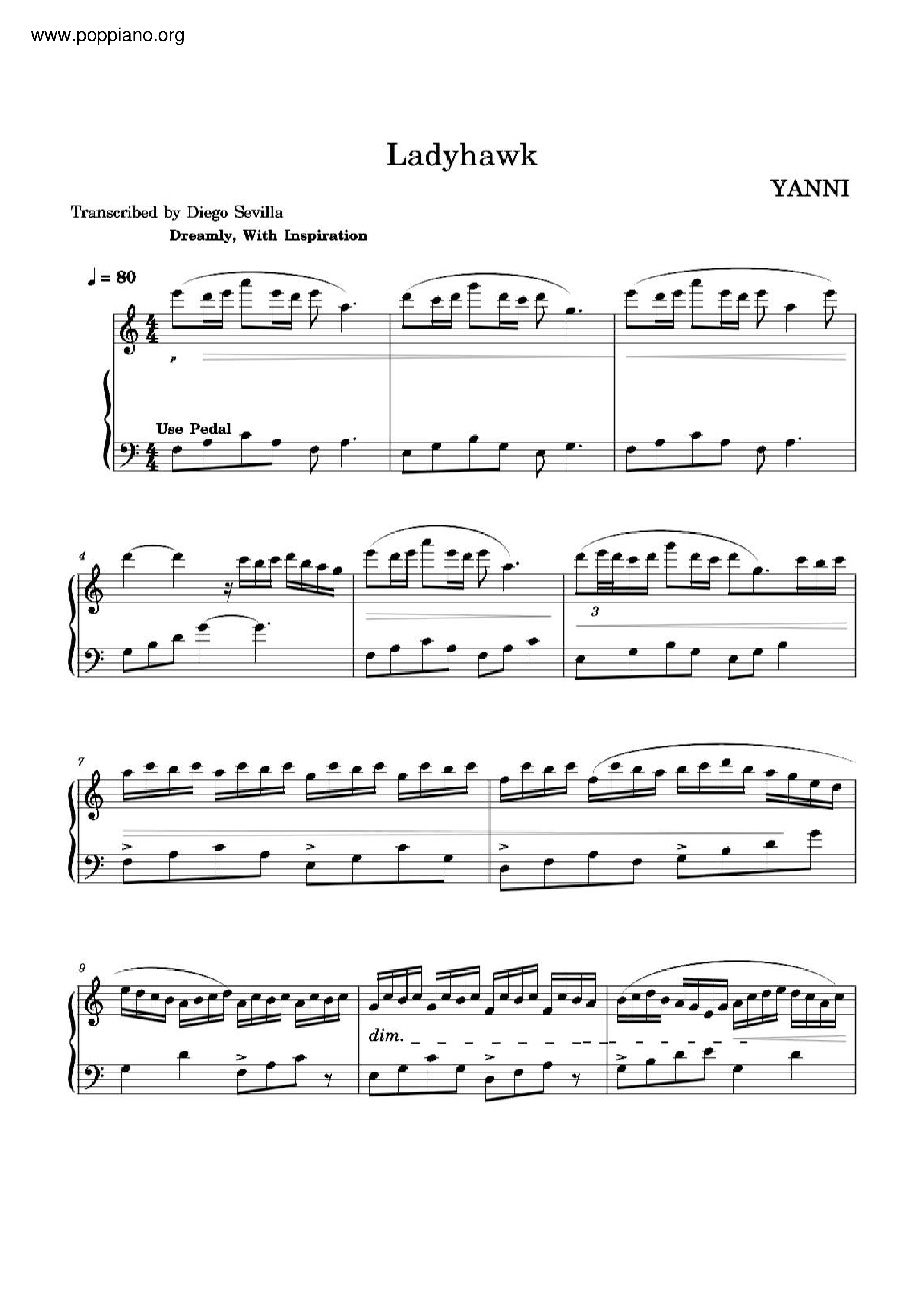 ★Yanni - Ladyhawk ピアノ譜pdf- 香港ポップピアノ協会 無料PDF楽譜ダウンロード gakufu