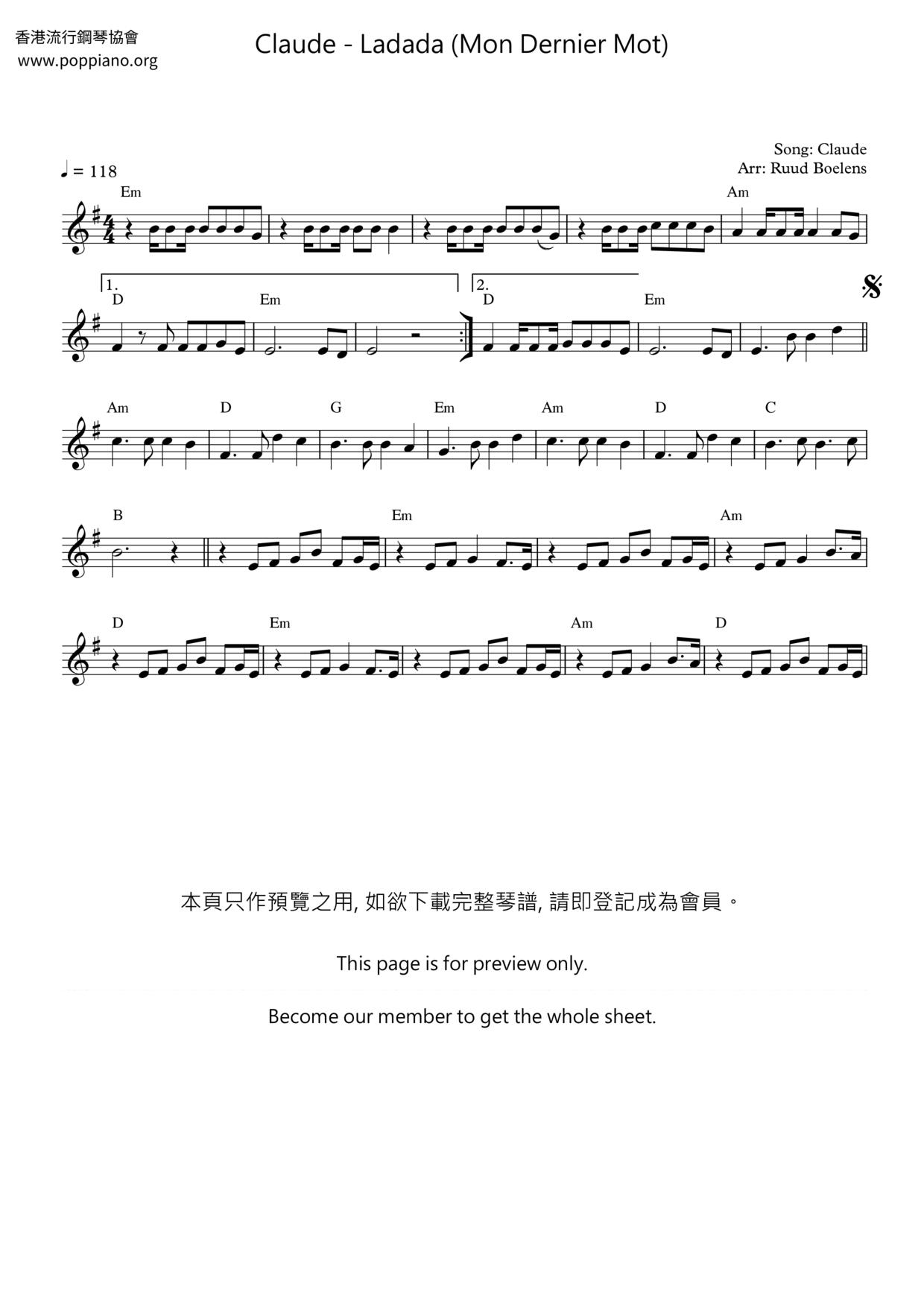 ★Claude - Ladada (Mon Dernier Mot) ピアノ譜pdf- 香港ポップピアノ協会 無料PDF楽譜ダウンロード ...