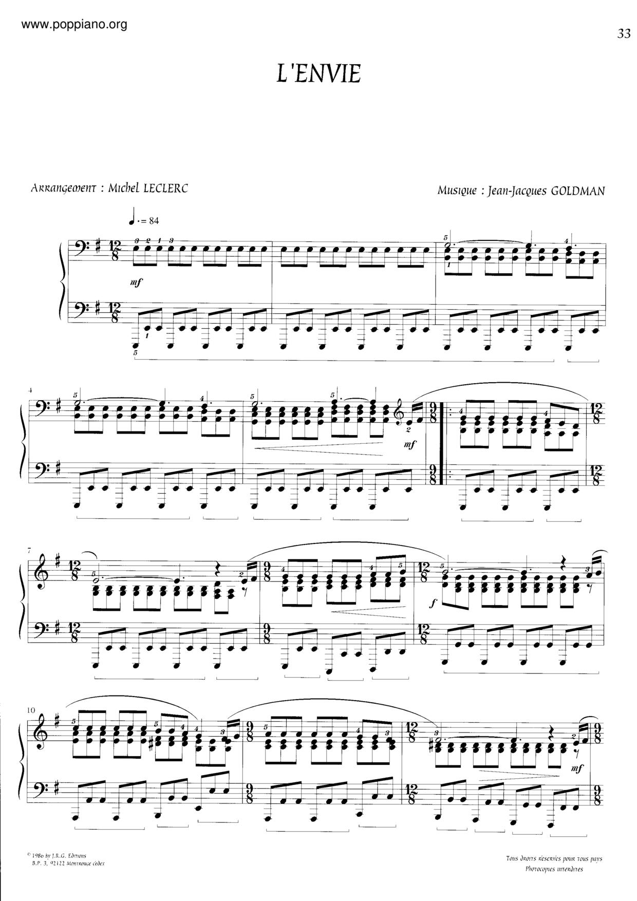 ★Johnny Hallyday - L'envie ピアノ譜pdf- 香港ポップピアノ協会 無料PDF楽譜ダウンロード gakufu