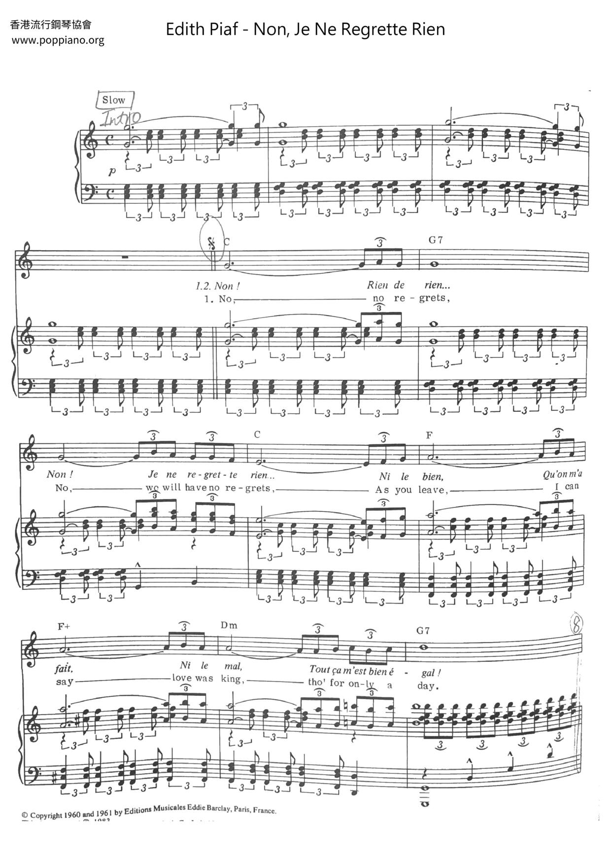 ★Edith Piaf - Non, Je Ne Regrette Rien ピアノ譜pdf- 香港ポップピアノ協会 無料PDF楽譜 ...
