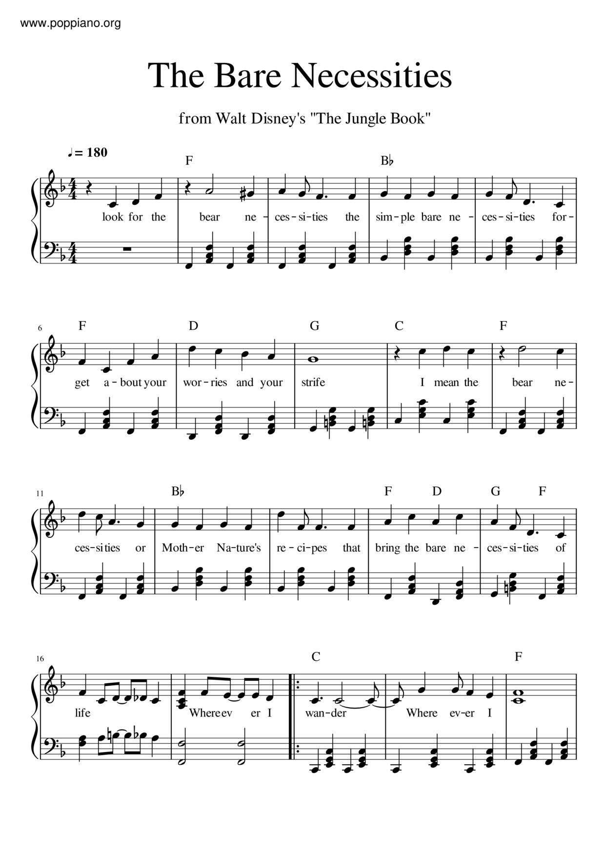 ★Terry Gilkyson - The Jungle Book - The Bare Necessities ピアノ譜pdf- 香港ポップピアノ協会 無料PDF楽譜ダウンロード gakufu