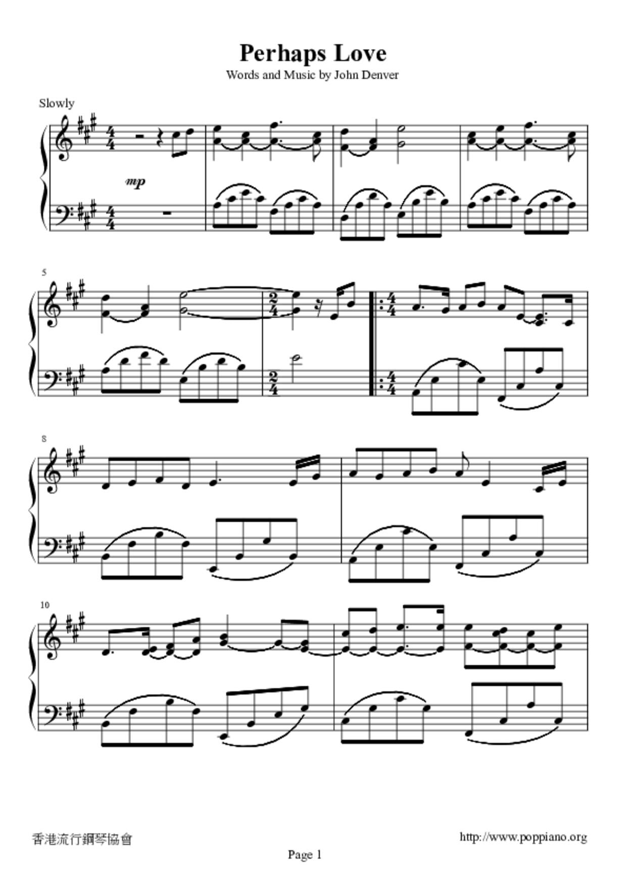 John Denver, Placido Domingo-Perhaps Love 琴譜pdf-香港流行鋼琴協會琴譜下載 ★