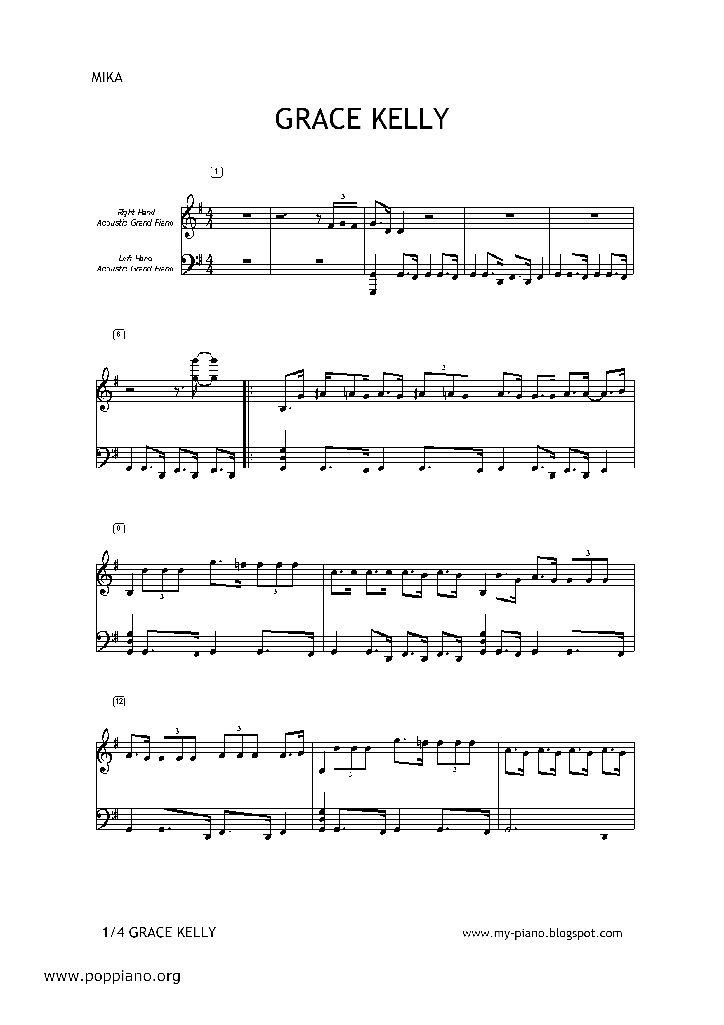 Mika-Grace Kelly Sheet Music pdf, - Free Score Download ★