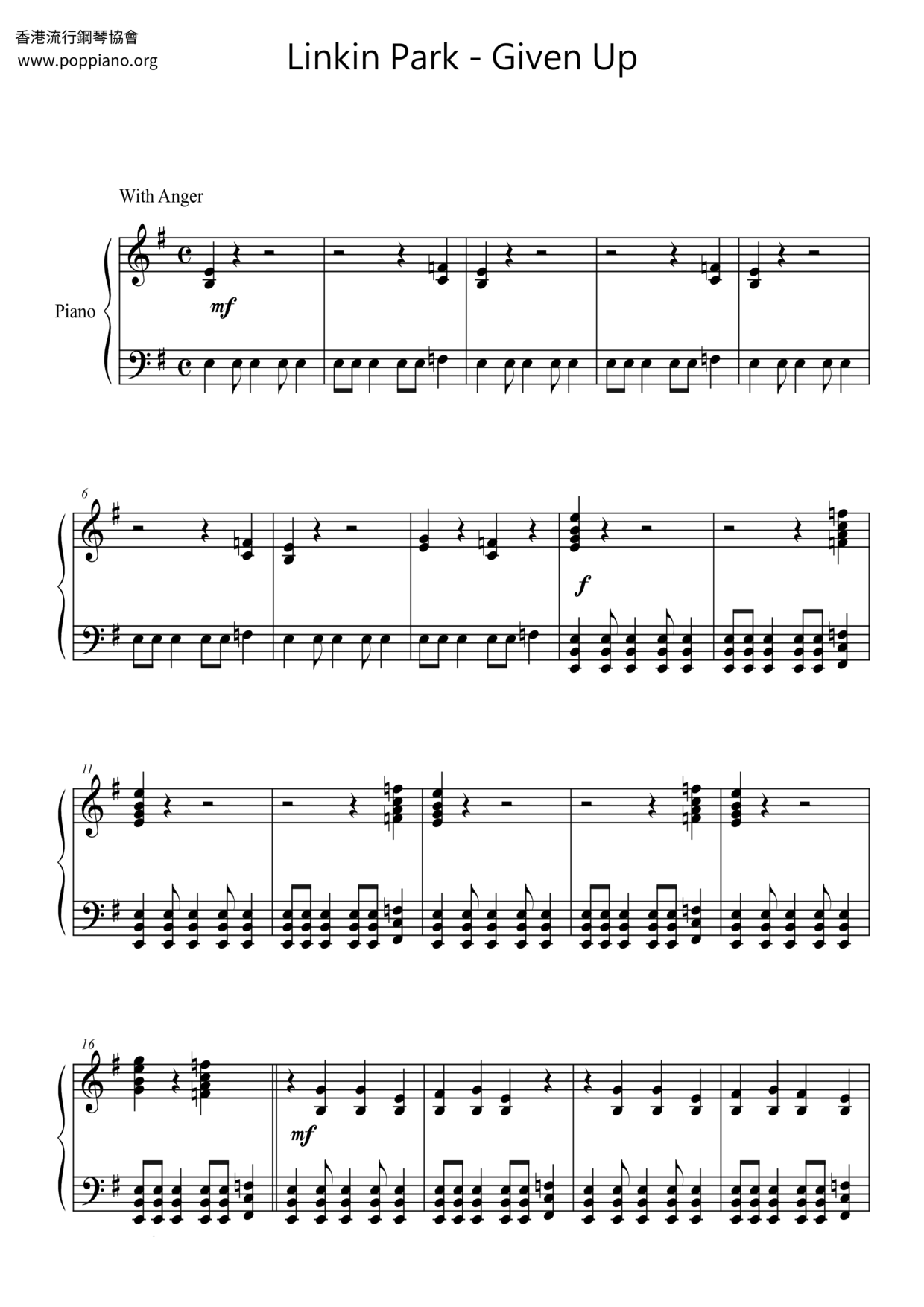 Linkin Park-Given Up 琴譜pdf-香港流行鋼琴協會琴譜下載 ★
