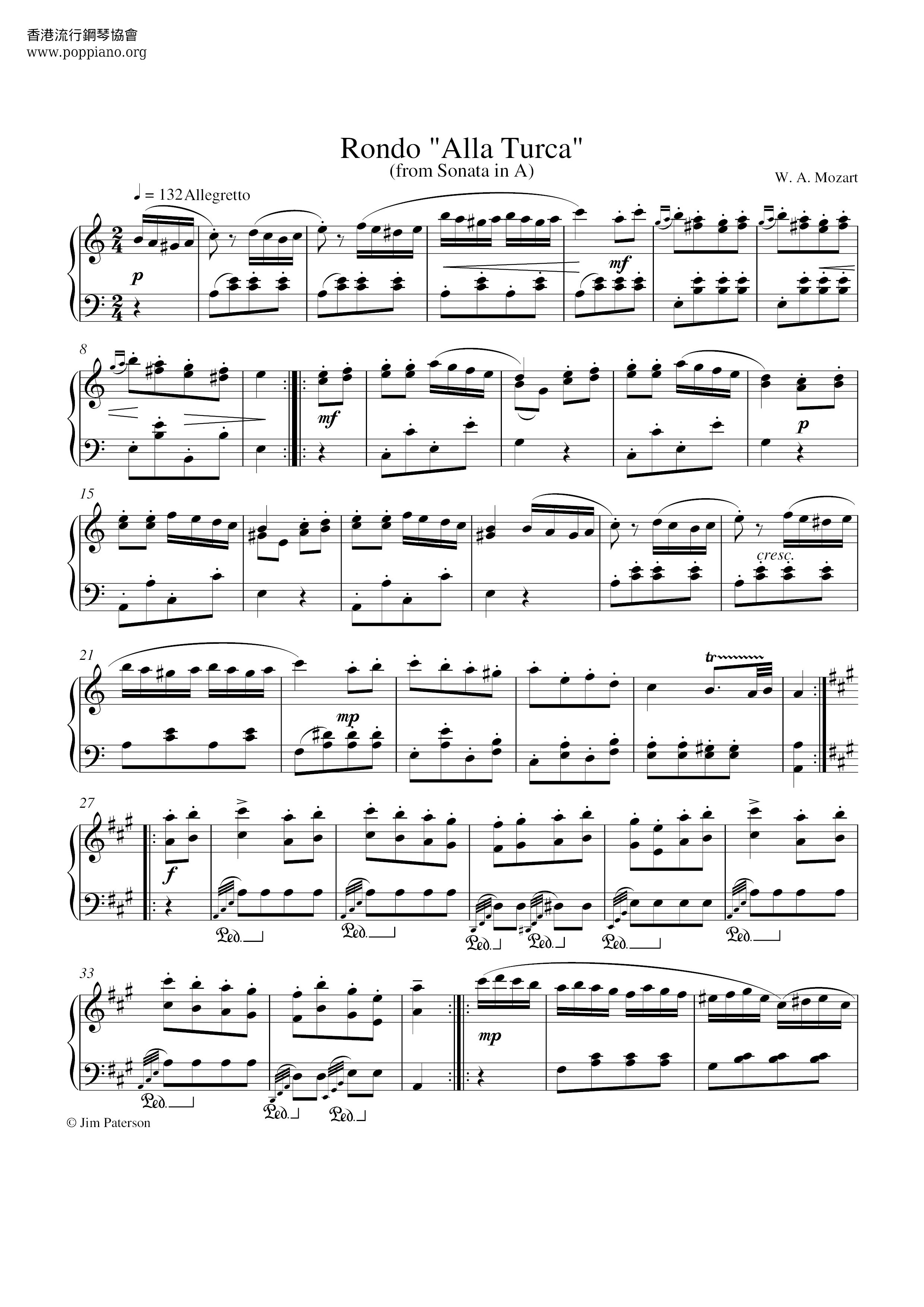 Mozart-Rondo "Alla Turca" (from Sonata in A) Sheet Music pdf, - Free ...
